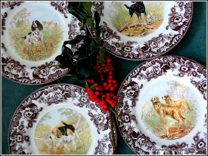 Spode Woodland Series Christmas Dinner Plates Set Four HUNTING DOGS ...
