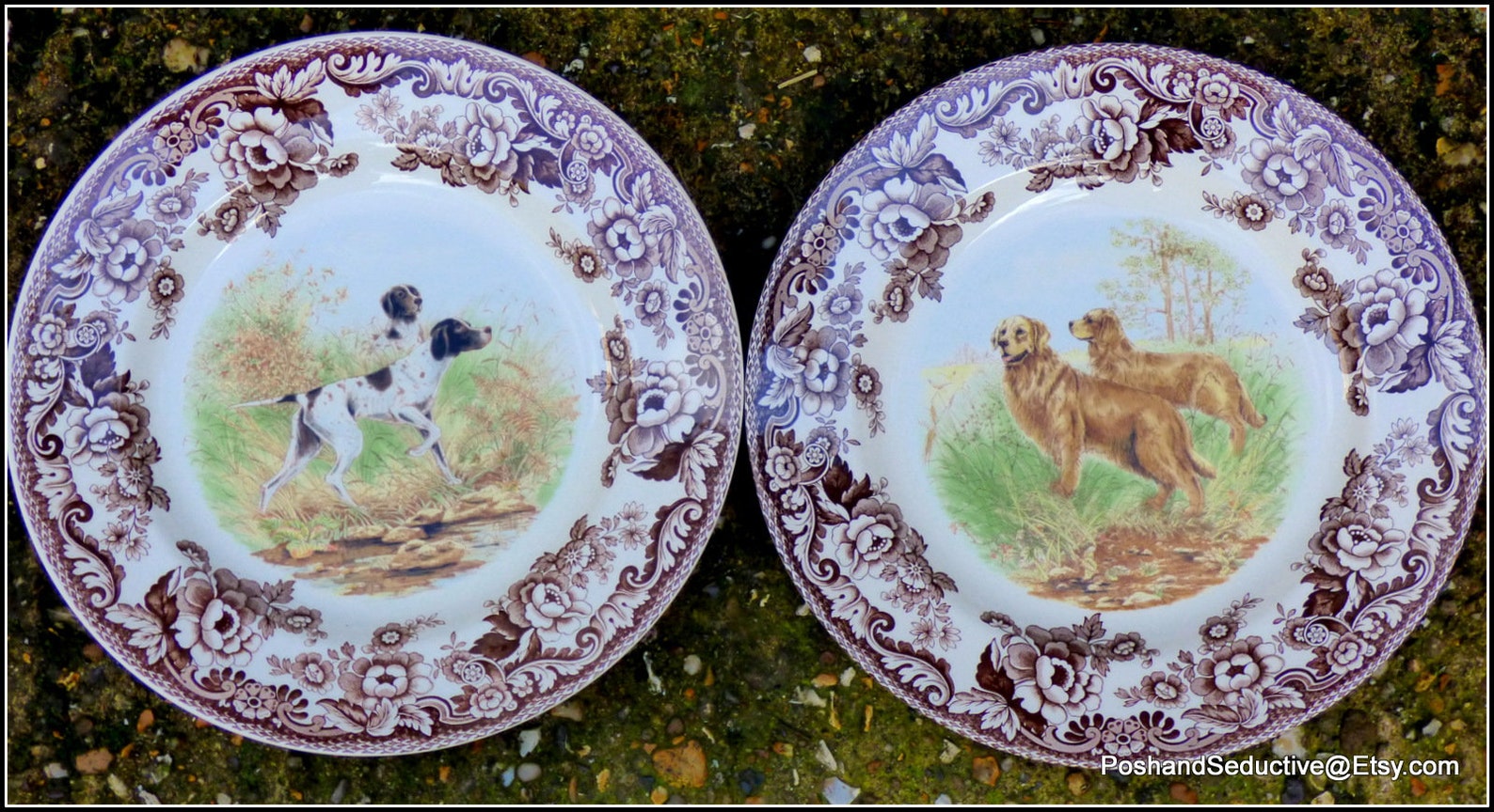 Spode Woodland Series Dinner Plates Pair HUNTING DOGS Brown ...