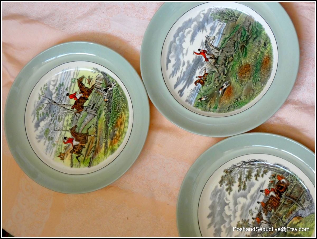 Fox Hunting Dinner Plates Set Three Copeland Spode Vintage Equestrian ...