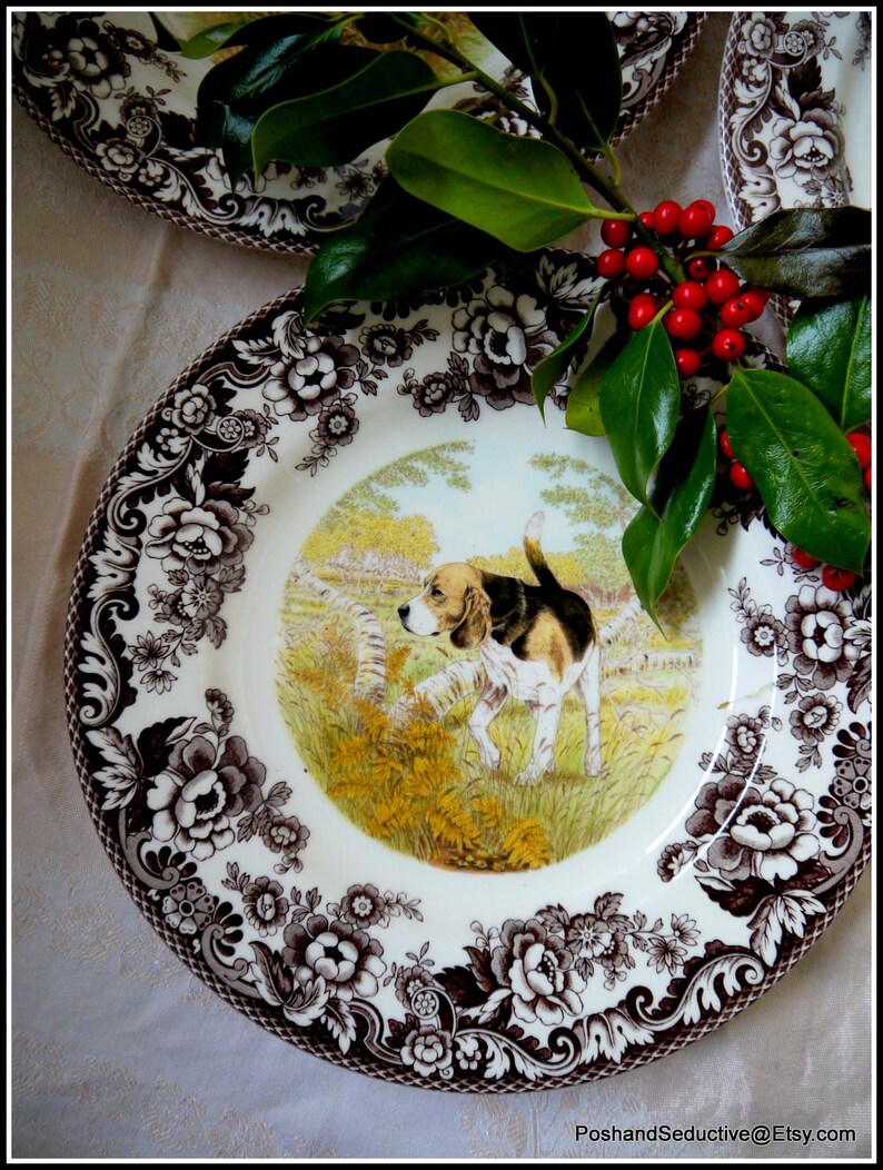 Spode Woodland Series Three Dinner Plates HUNTING DOGS Brown ...