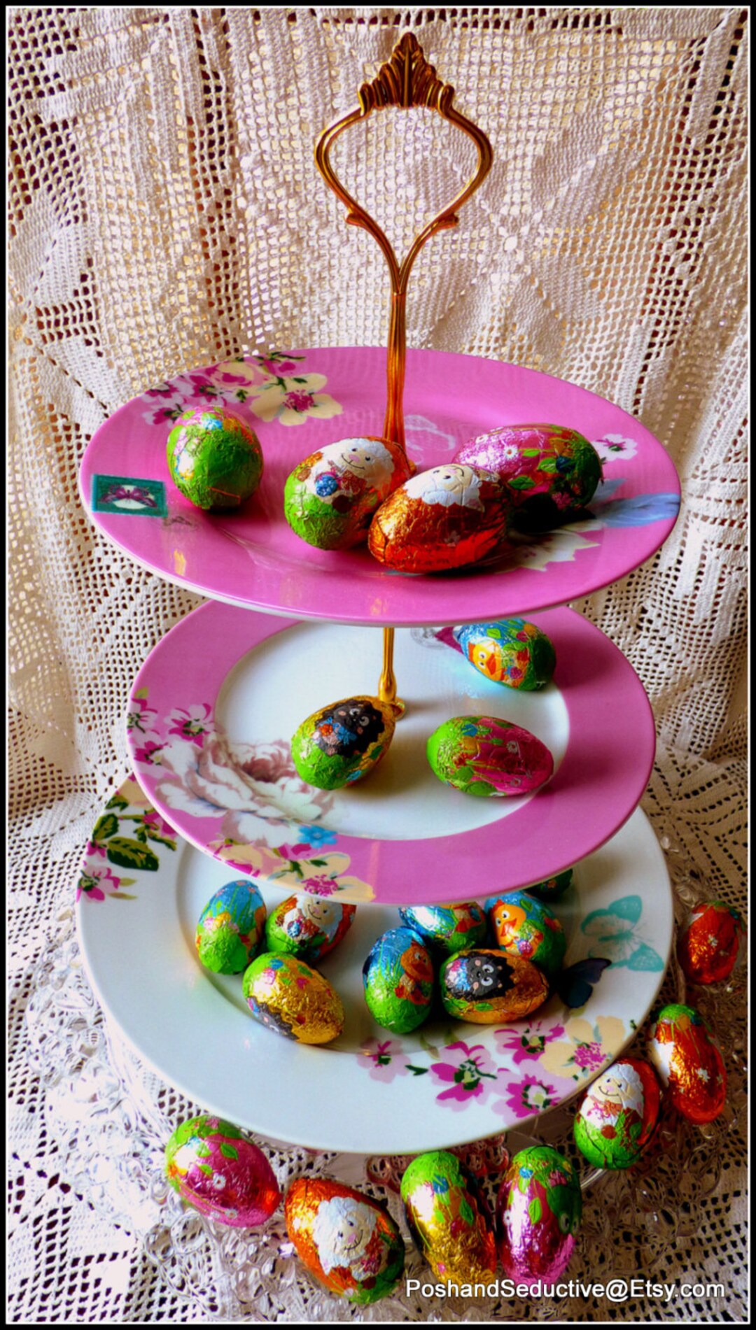 Three Tier Handmade Easter Egg Display Cake Stand, Chic Glorious Pink ...