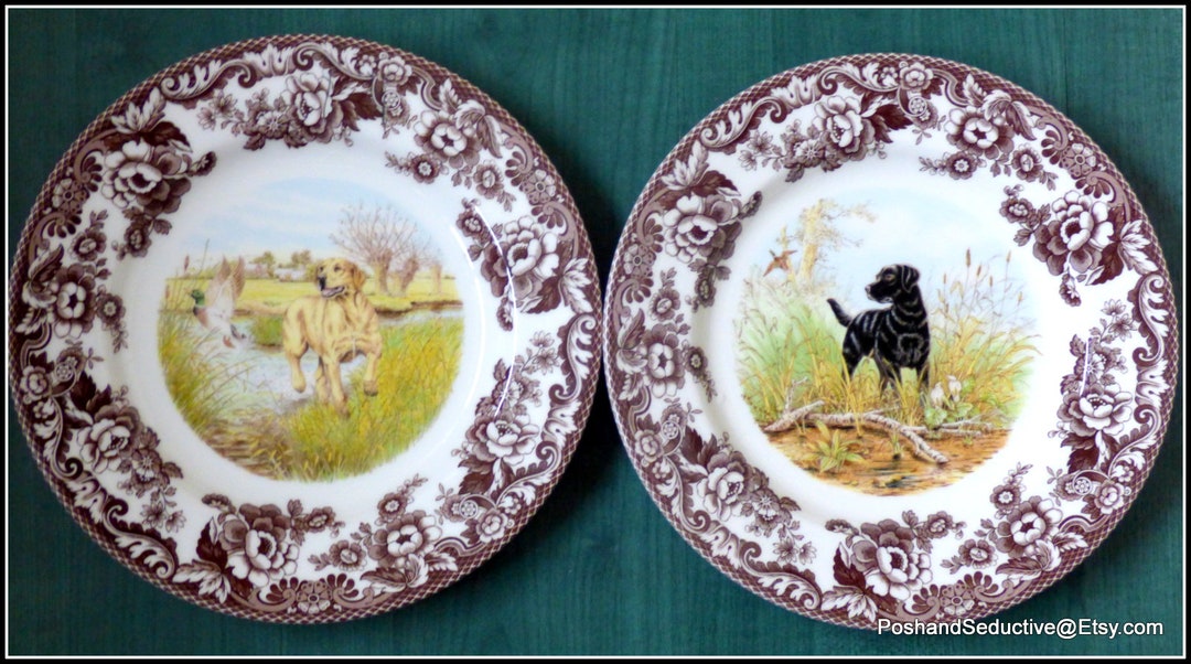 Spode Woodland Series Dinner Plates Pair HUNTING DOGS Brown ...