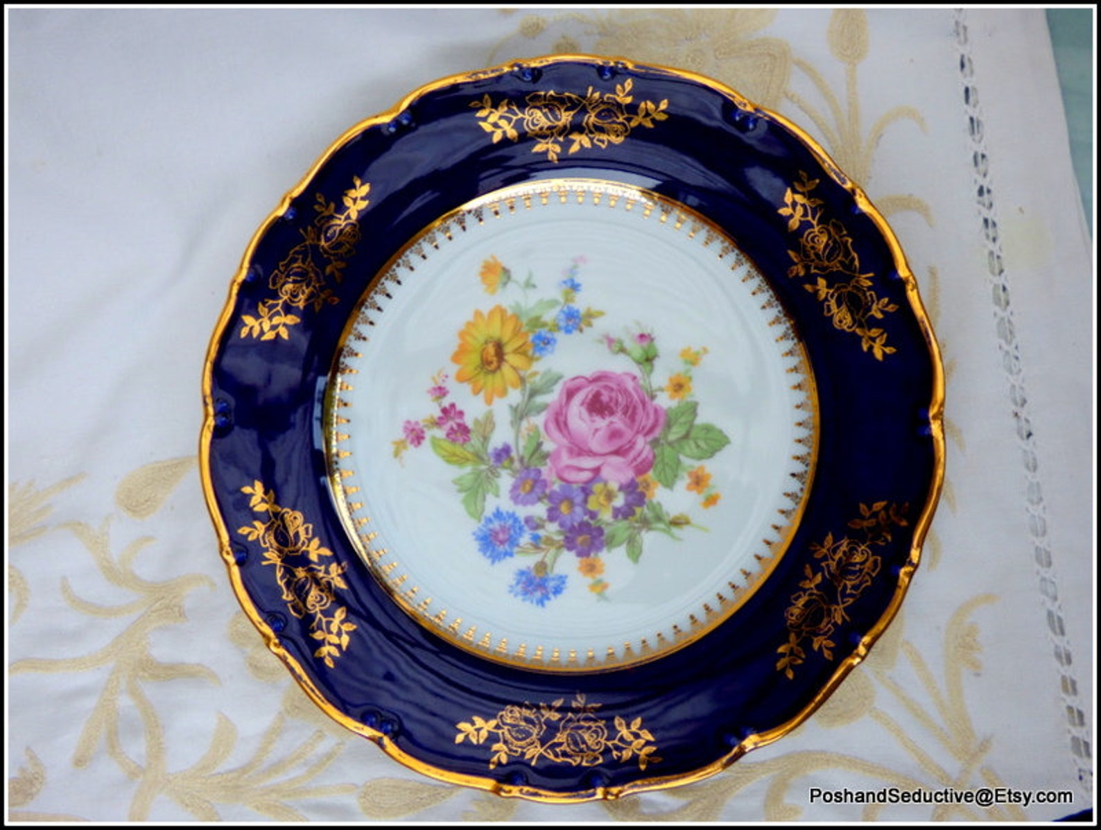 Cobalt Blue & Gold Dinner Plate Floral Pattern Scalloped Gild Rim ...