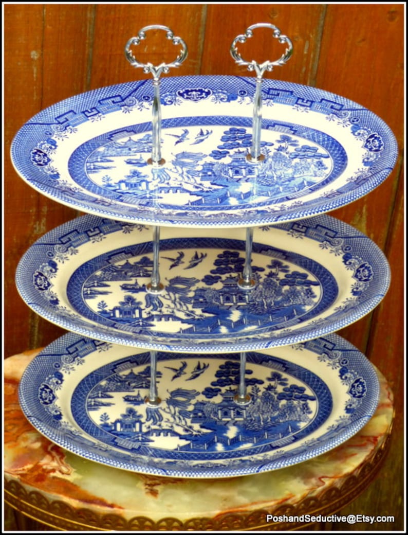 Blue Willow Three Tier Cake Stand, Tiered Set of Large 12" Platters by ...
