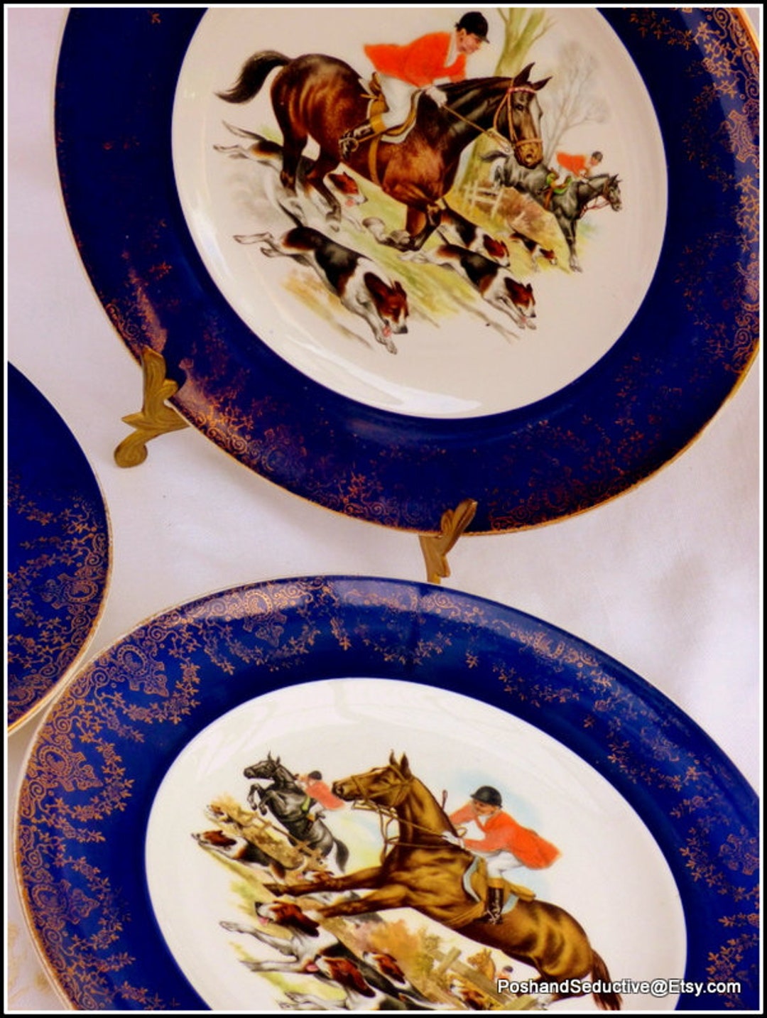 Fox Hunting Set of Three Display Dinner Plates, Cobalt Blue Wide Rims ...