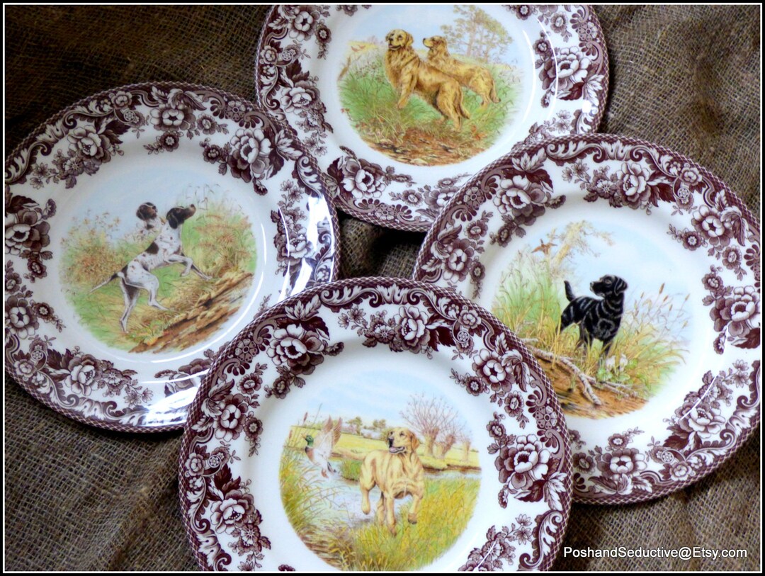 Spode Woodland Series Christmas Dinner Plates Set of Four HUNTING DOGS ...