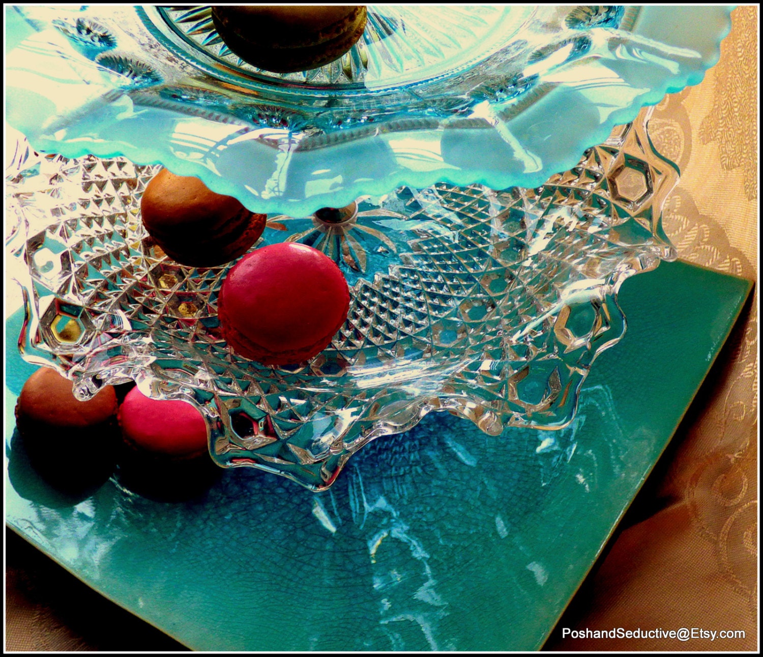 Exquisite Three Tier Cake Stand Turquoise Blue & Crisp Crystal Laced ...