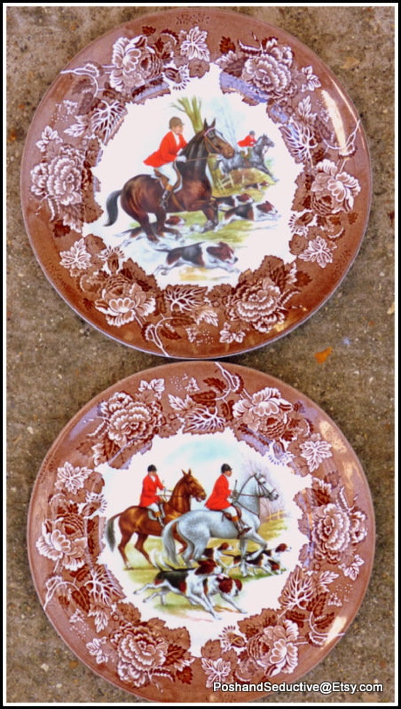 Vintage Fox Hunting China Dinner Plate Pair Brown Transferware | Etsy