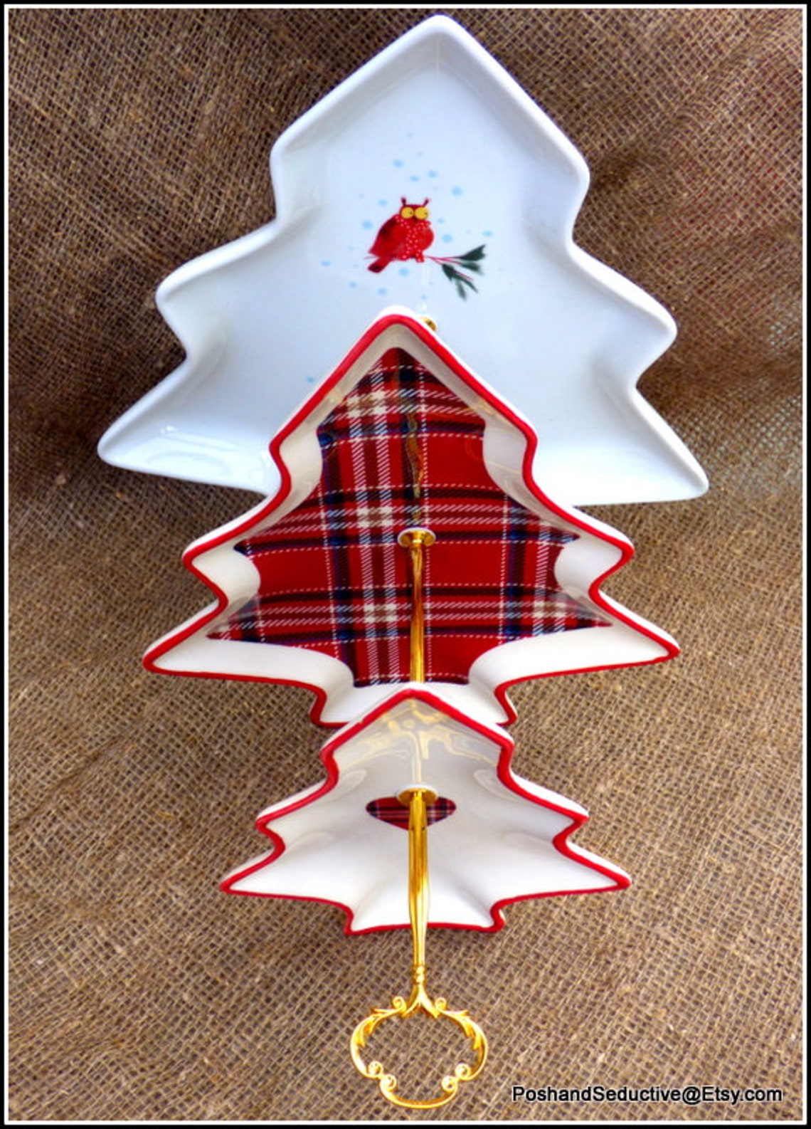 Christmas Tree Shape China Tiered Plates Stand, Scottish Tartan ...