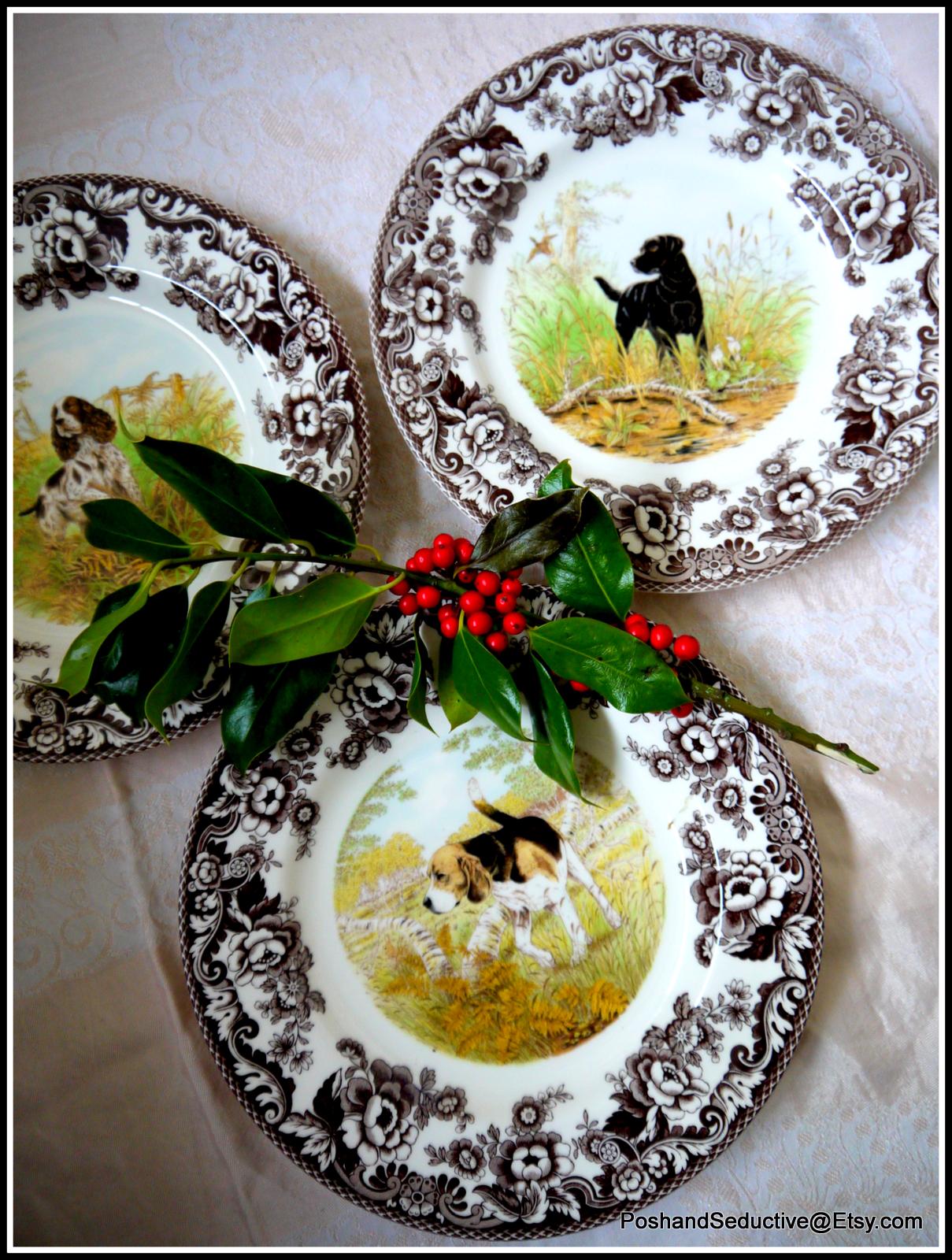 Spode Woodland Series Three Dinner Plates HUNTING DOGS Brown ...