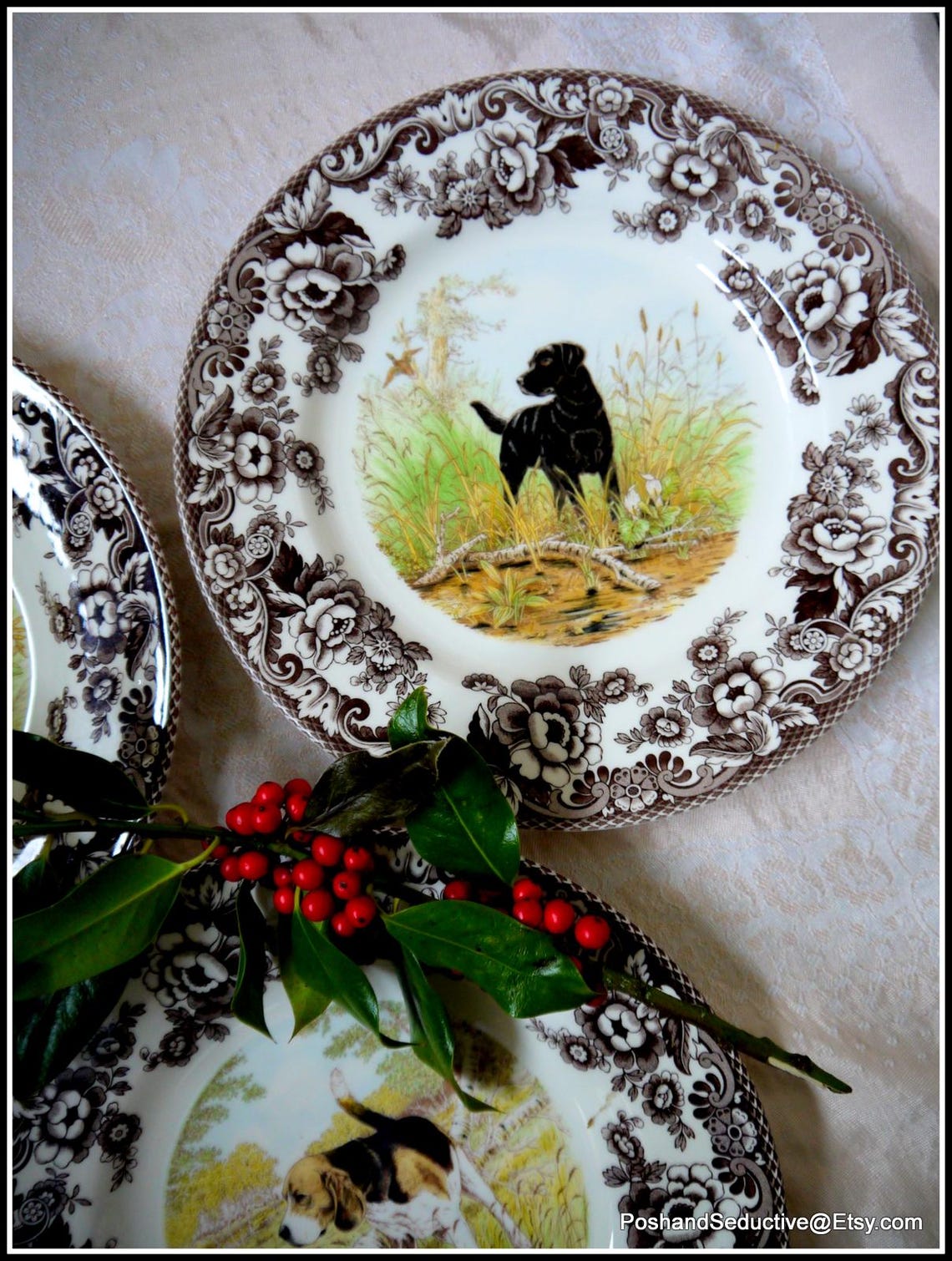 Spode Woodland Series Three Dinner Plates HUNTING DOGS Brown ...