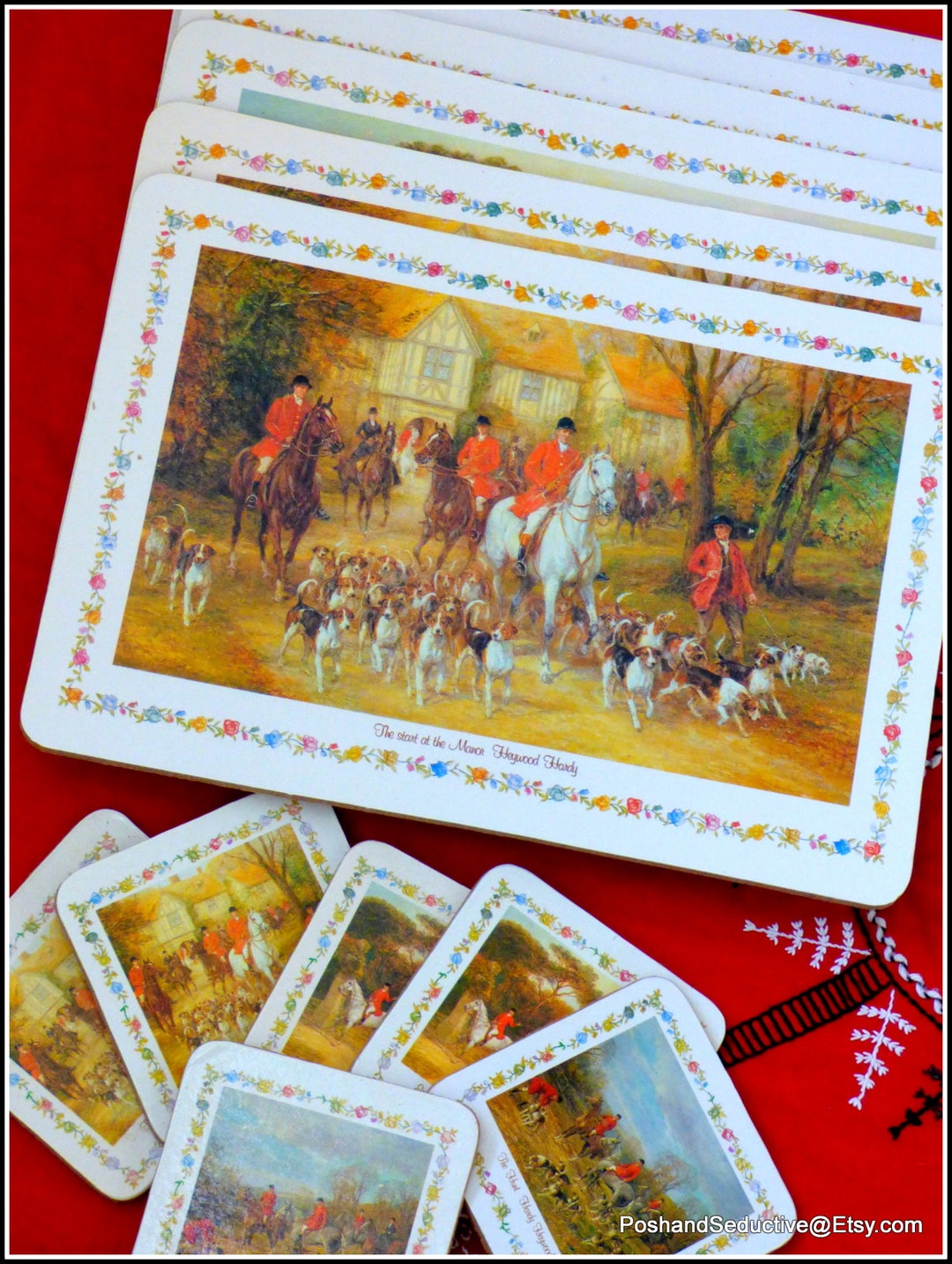 Fox Hunting Set of Cork Backed Dining Table Place Mats and Barware ...