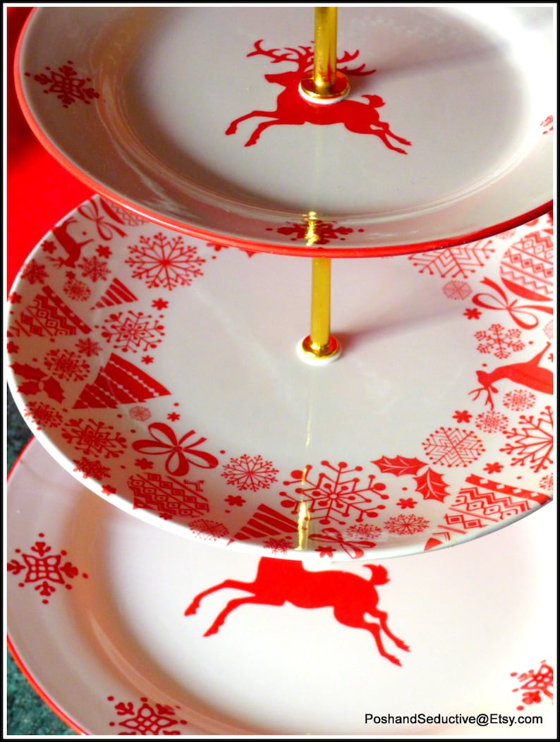 Christmas Red Three Tier Graduated Plates Handmade Cake Stand - Etsy