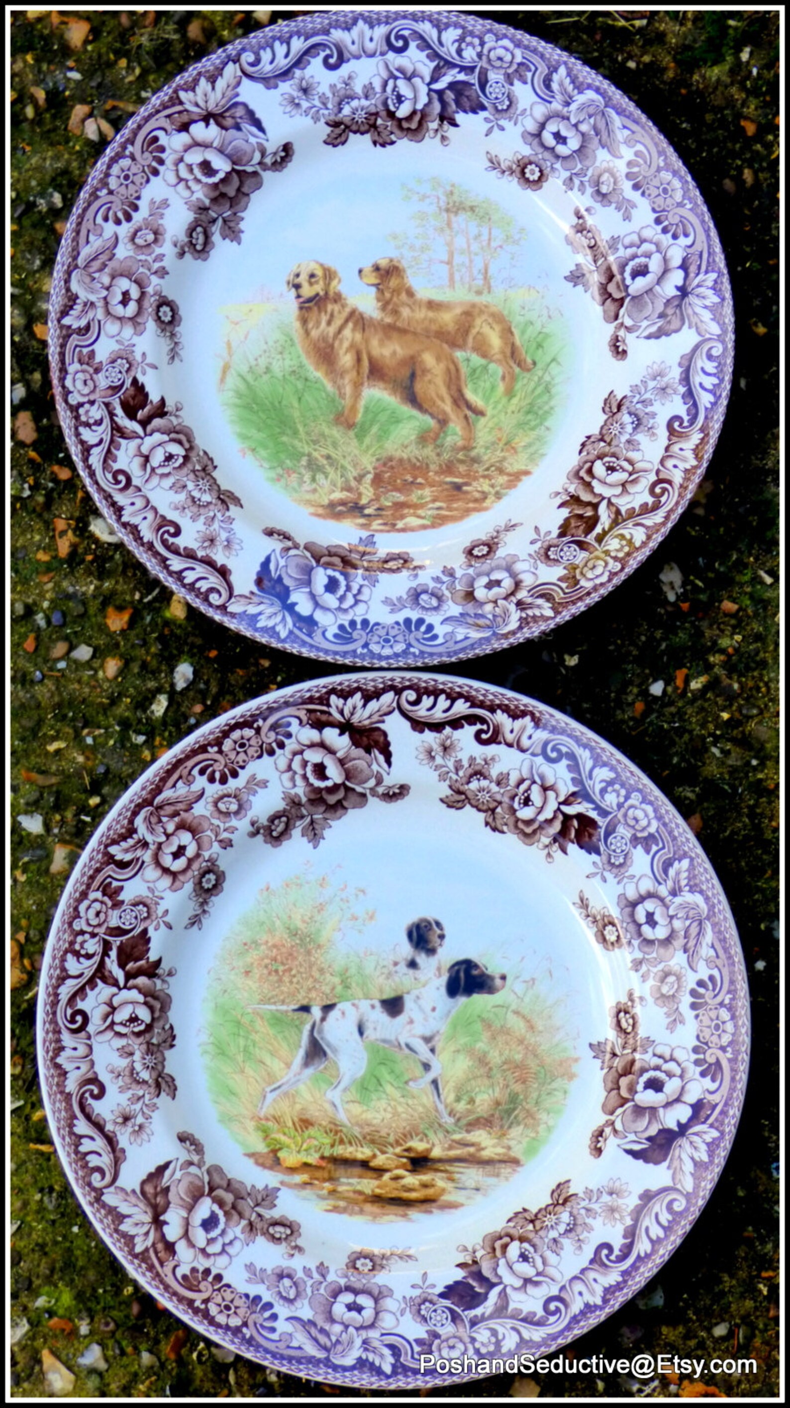 Spode Woodland Series Dinner Plates Pair HUNTING DOGS Brown ...