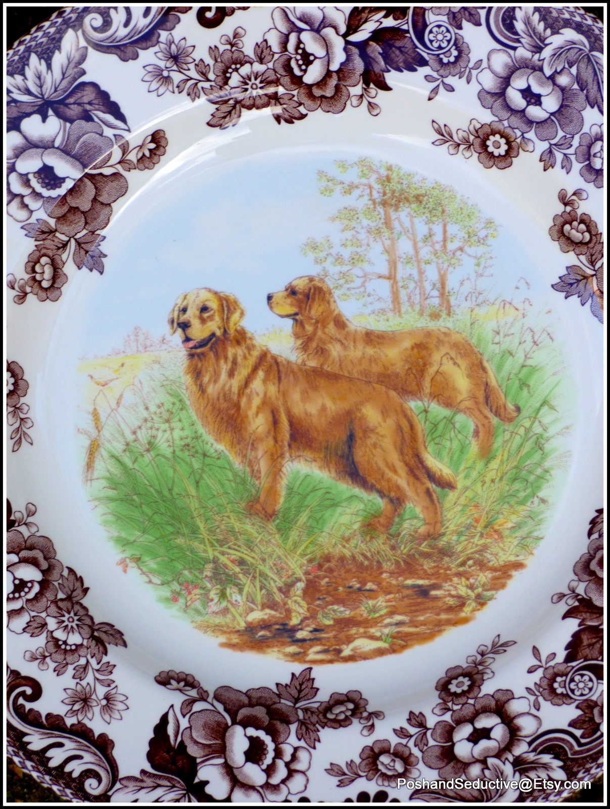 Spode Woodland Series Dinner Plates Pair HUNTING DOGS Brown ...