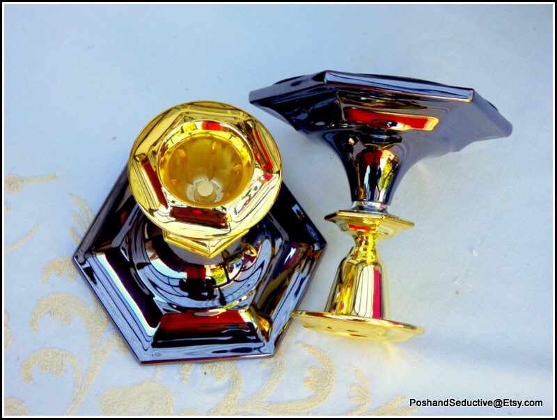 Art Deco Hexagonal Candlestick Holders Pair Goldplated SP on Zink ...