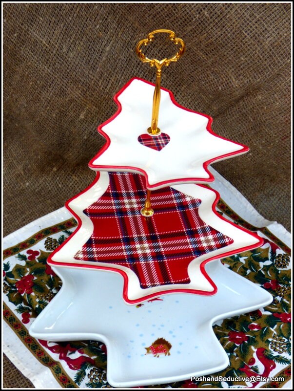 Christmas Tree Shape China Tiered Plates Stand, Scottish Tartan ...