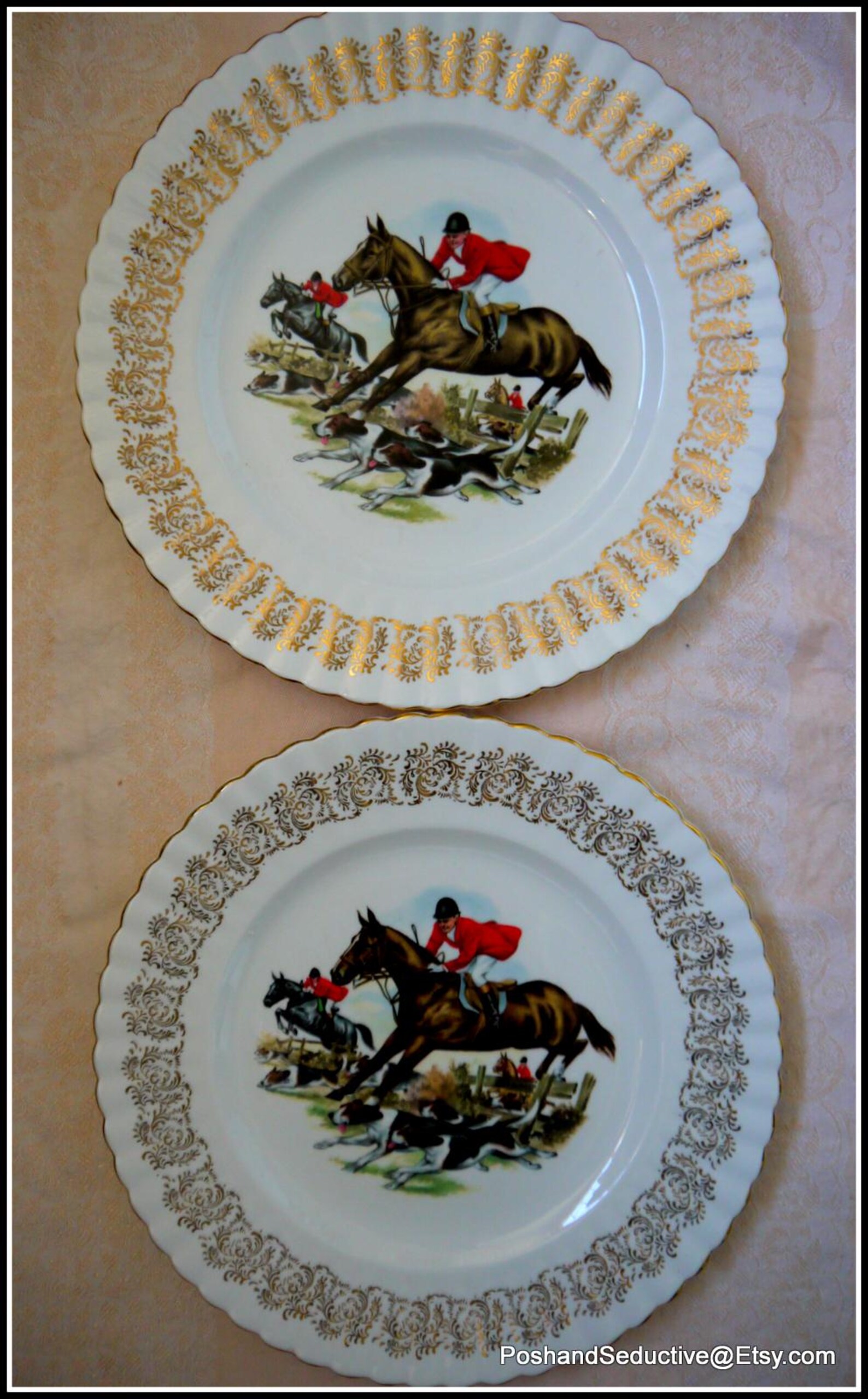 Two Vintage Fine China Dinner Plates With Hand-painted Foxhunting ...