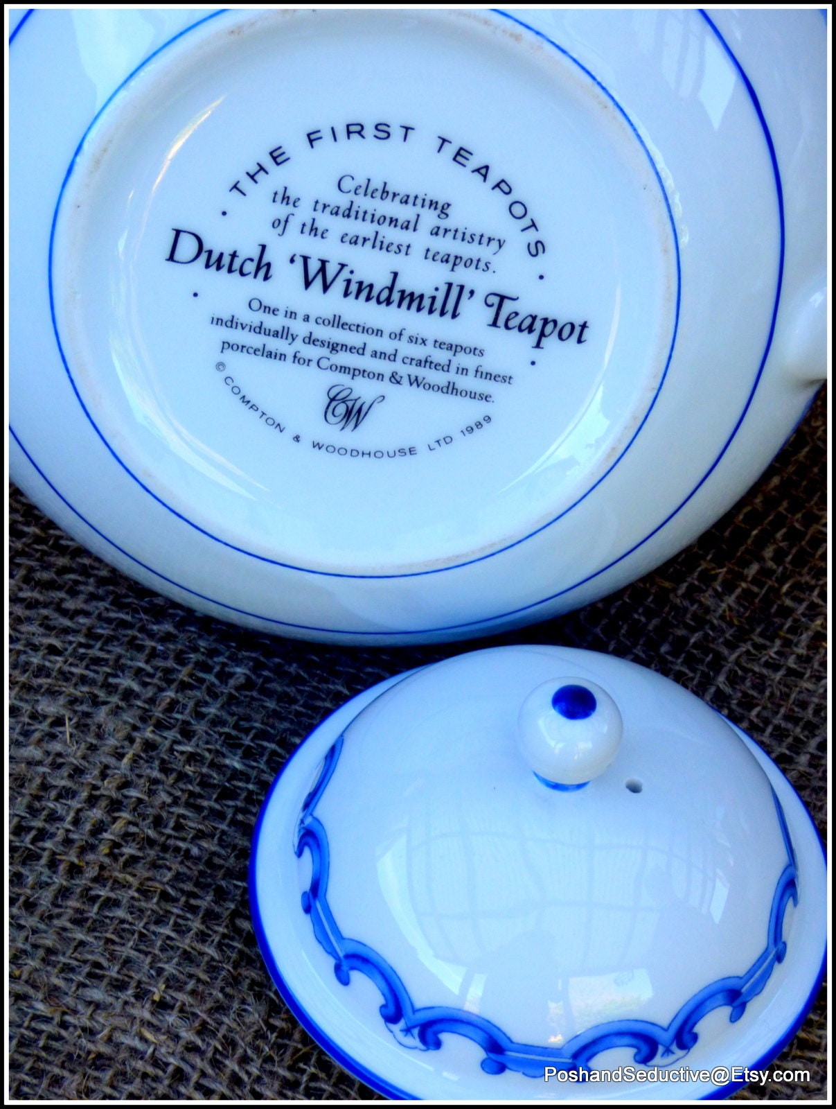 Dutch Windmill Scenery Blue White Teapot Replica Vintage Collectible ...