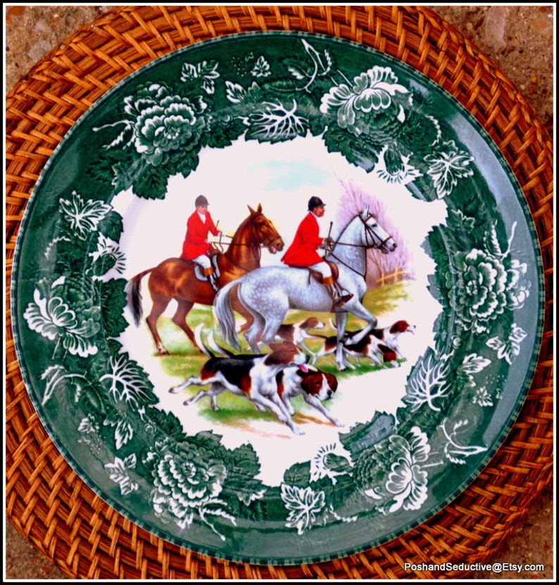 Vintage Fox Hunting Pair of China Dinner Plate Green Transferware ...