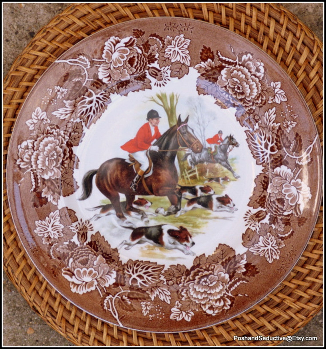 Vintage fox hunting china dinner plate pair brown | Etsy