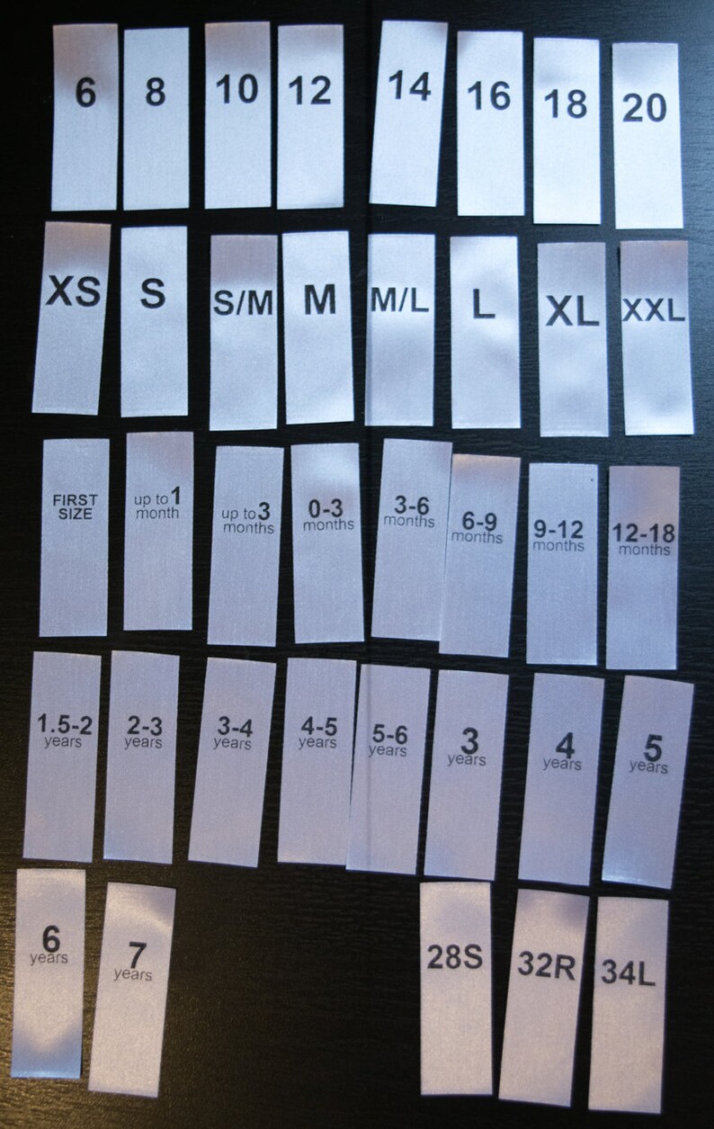 Sizing Labels Mix, Add Your Own Sizes! Clothing Labels // Silky Satin ...