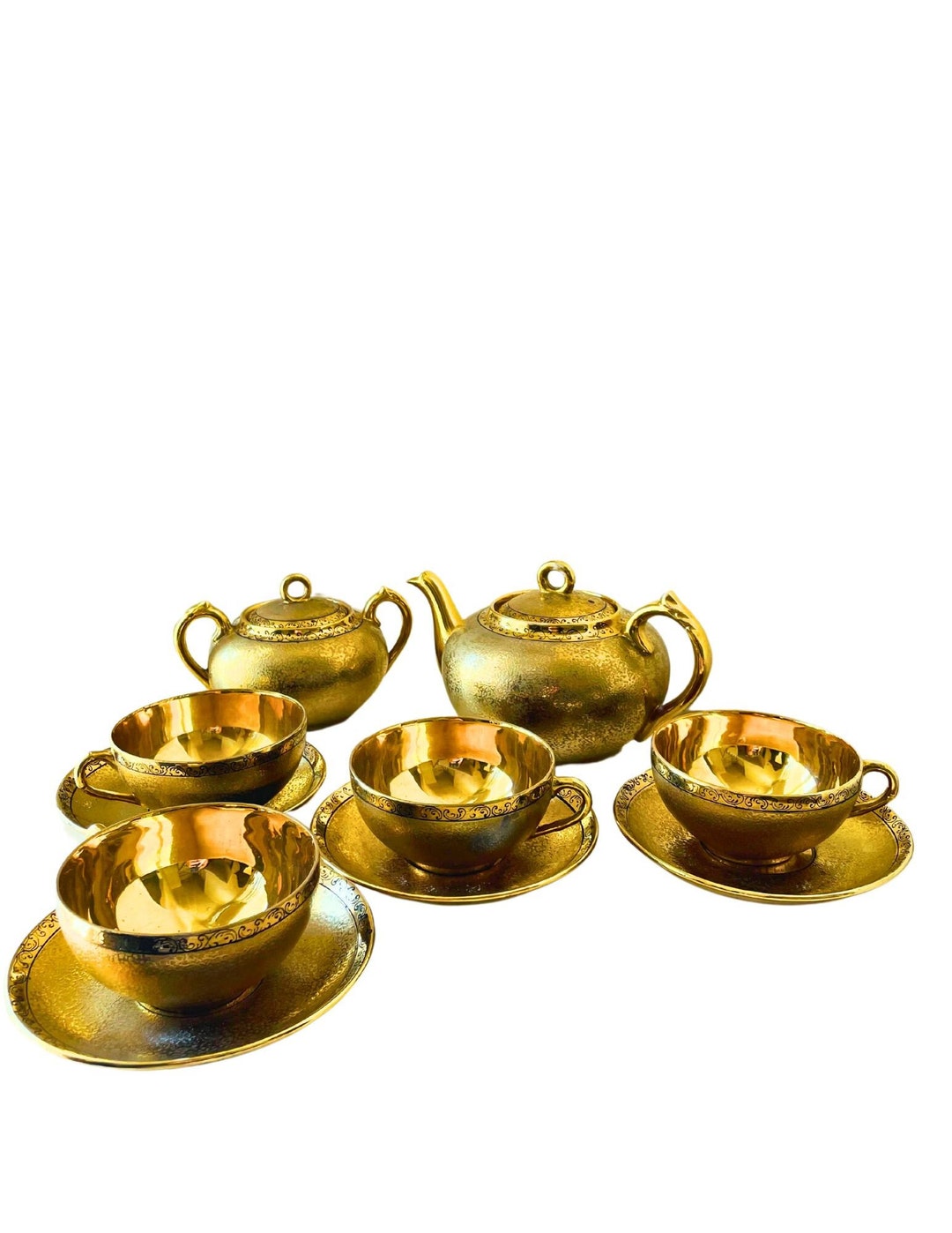 Vintage Gold Porcelain Tea Set Teapot Sugar Cup, Elegant Black Scrolls ...