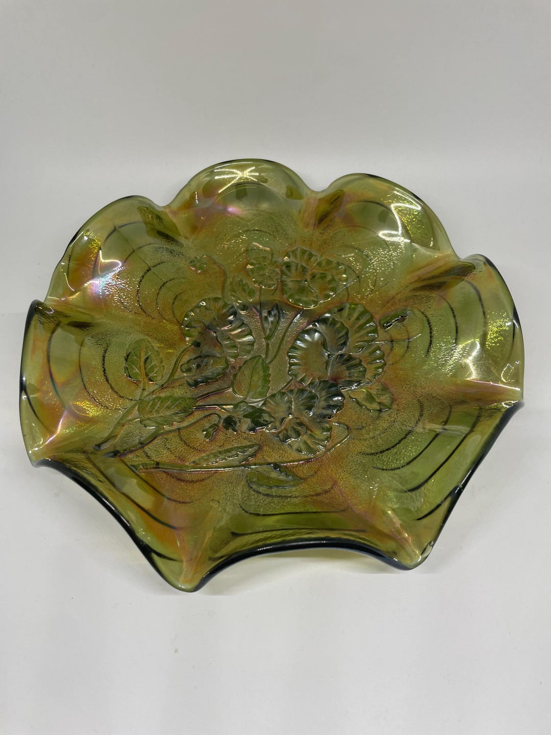 Imperial Glass Green Pansy Dish Ruffled Edge Carnival Glass Dish, Green ...