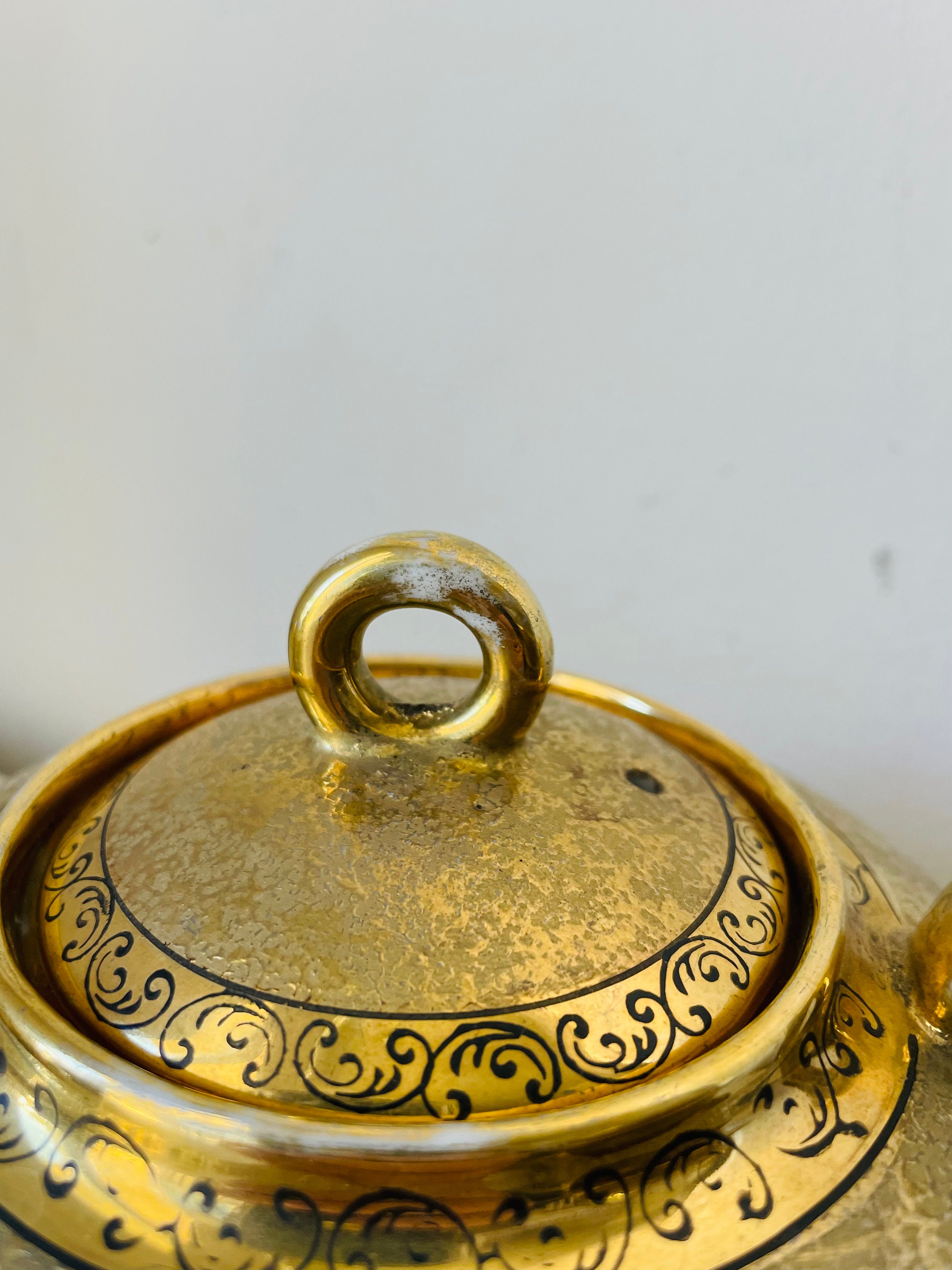 Vintage Gold Porcelain Tea Set Teapot Sugar Cup, Elegant Black Scrolls ...