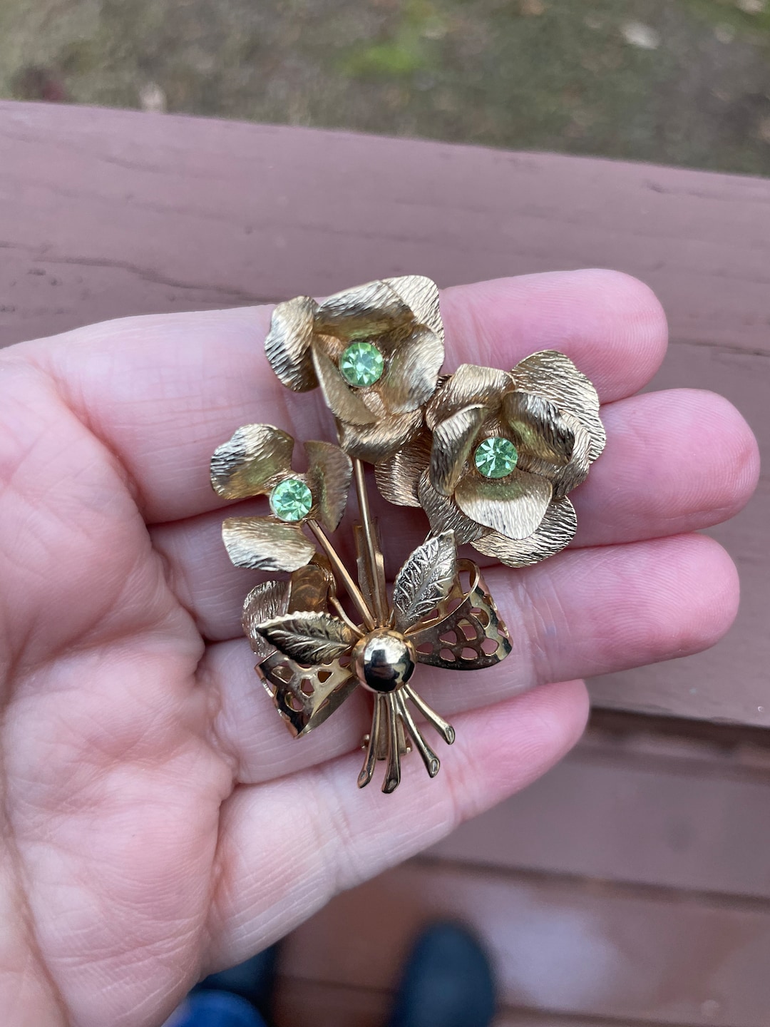 Vintage Uranium Glass Gold Tone Flower Bouquet Brooch 3 Green ...