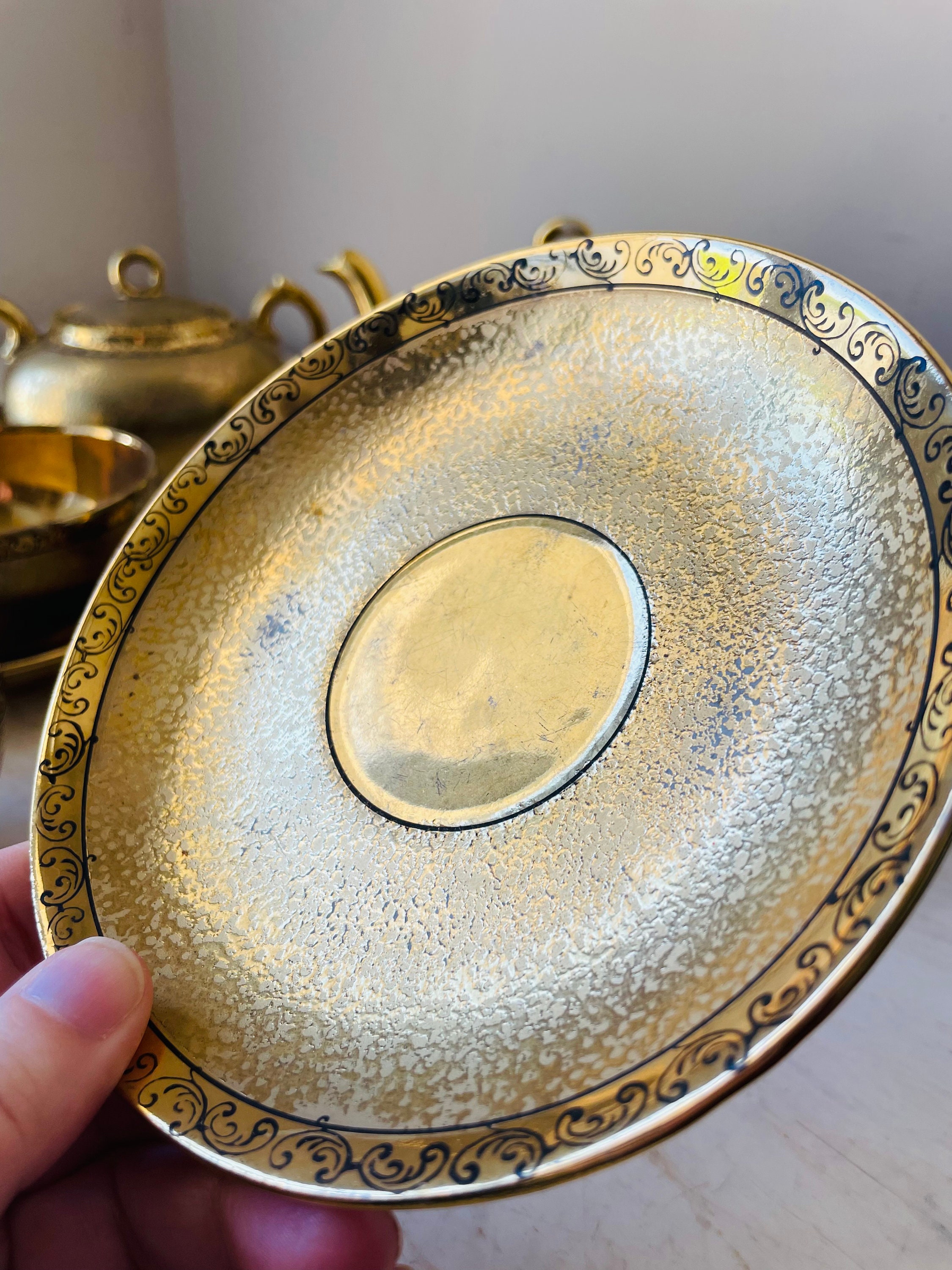 Vintage Gold Porcelain Tea Set Teapot Sugar Cup, Elegant Black Scrolls ...