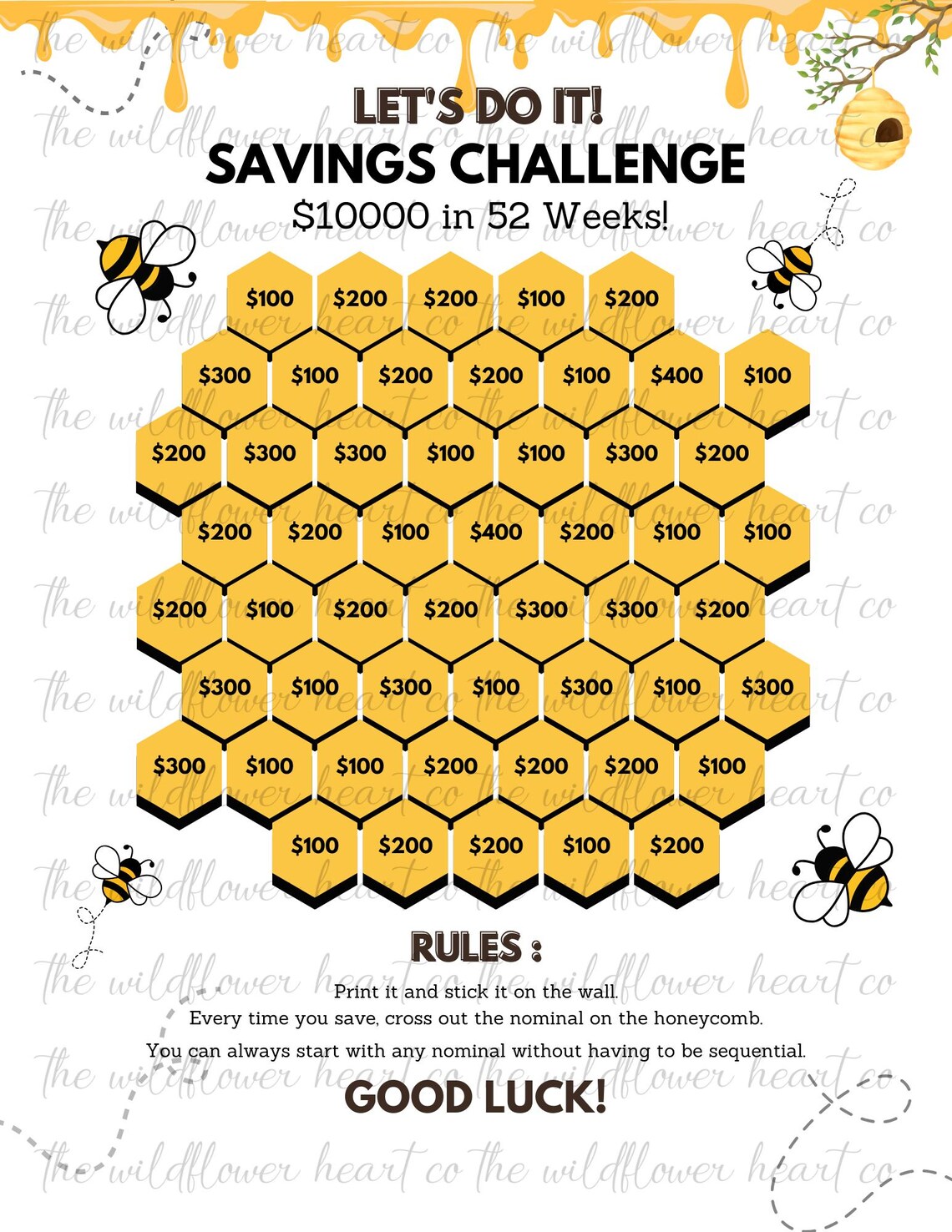 Printable Bee Savings Challenge, Bumble Bee Budgeting Trackers Cash ...