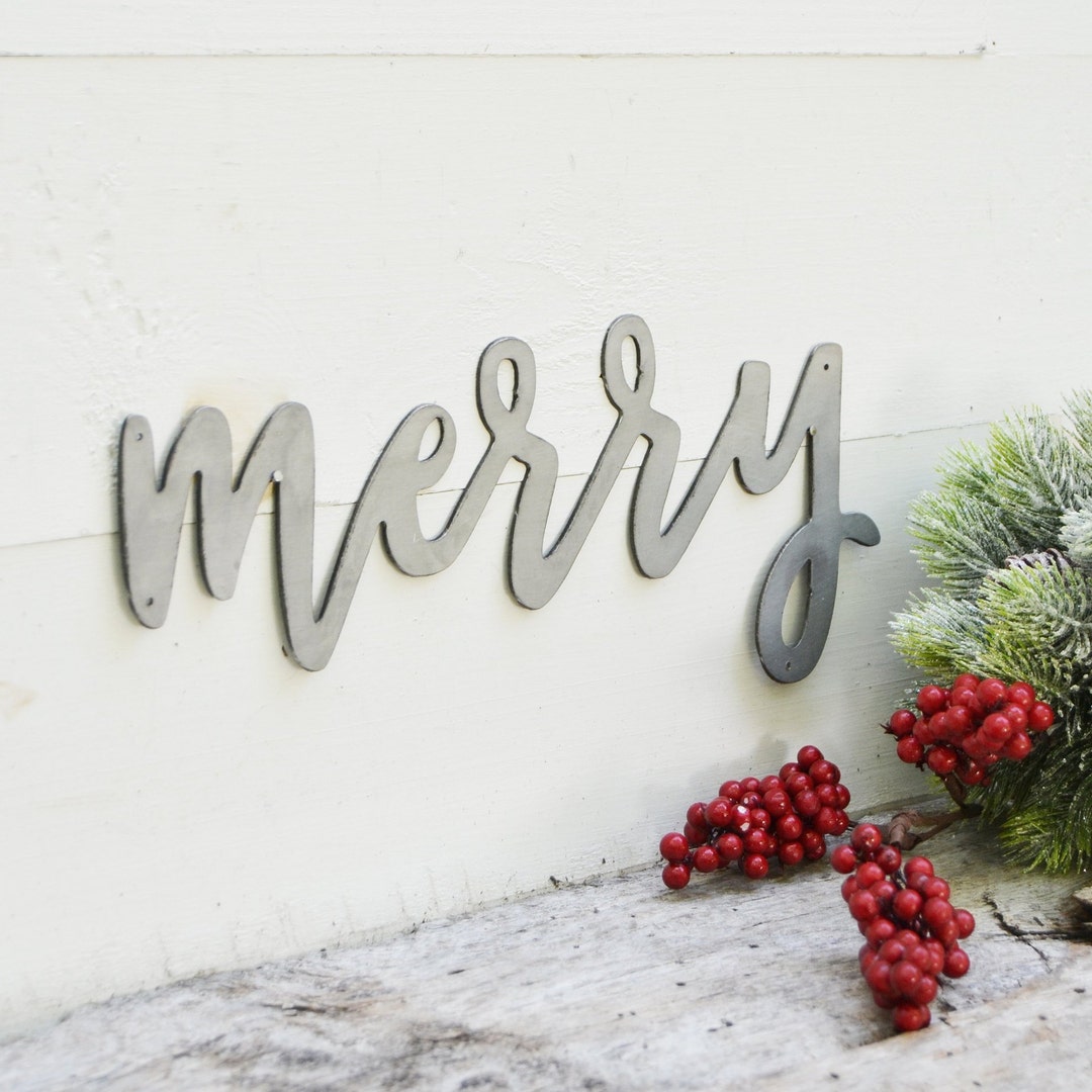 Merry Metal Sign Metal Wall Art Porch Decor Metal Words Christmas Front ...