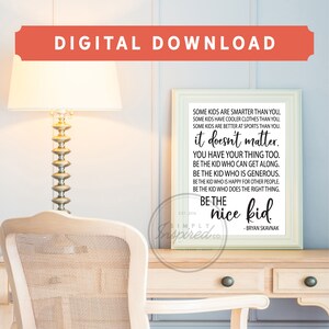 Be the Nice Kid Quote Printable Art Downloadable Print Kids Children ...