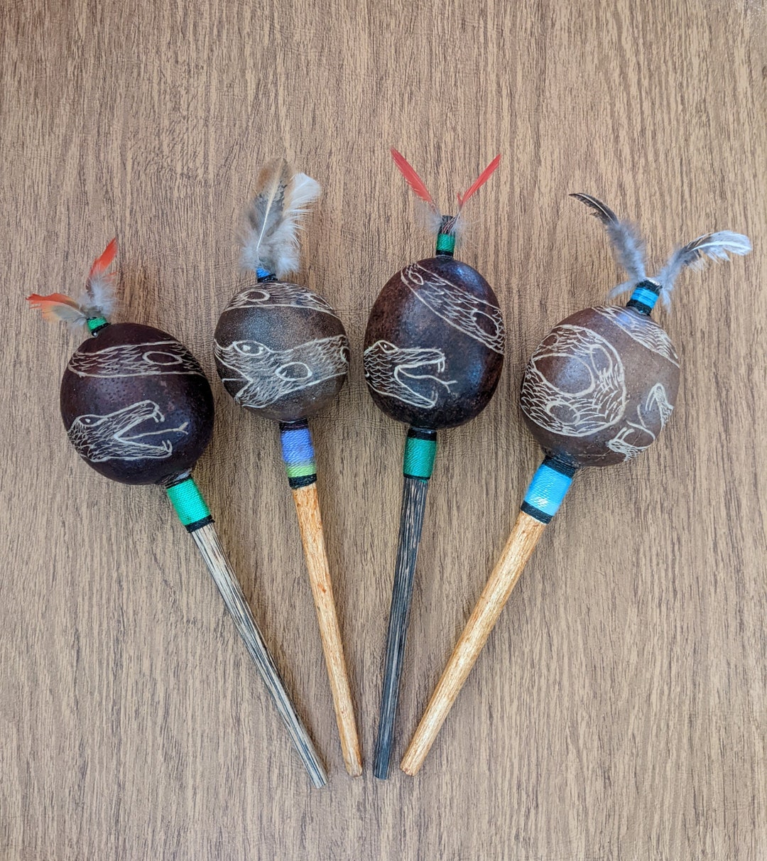 Snake Design Hand Carved Shipibo Rattle From Peru With Macaw Feathers ...