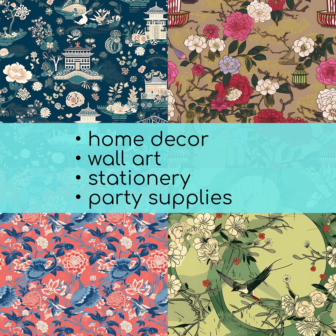 Chinoiserie DIGITAL Paper Bold Floral Asian Influence Art Download 20 ...