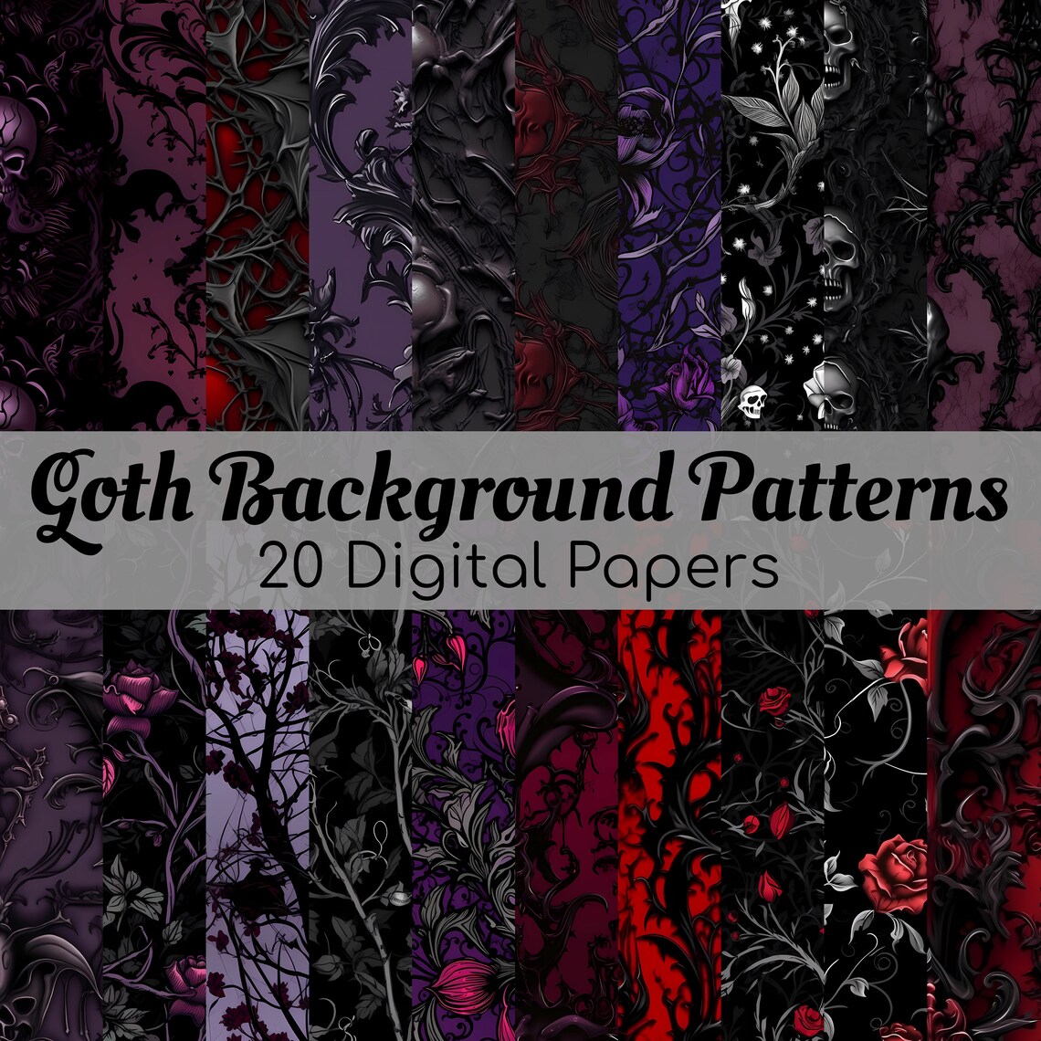 Goth DIGITAL Paper Backgrounds Mix Black Purple Red Floral Skulls ...