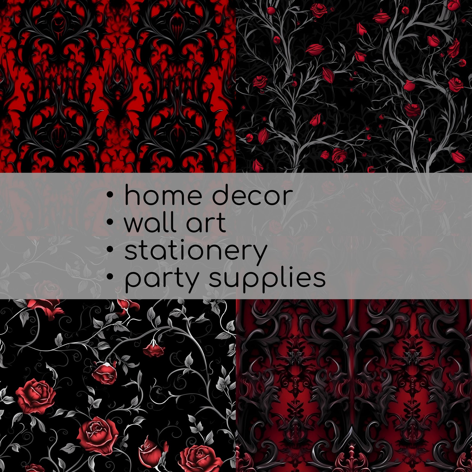 Goth DIGITAL Paper Backgrounds Mix Black Purple Red Floral Skulls ...