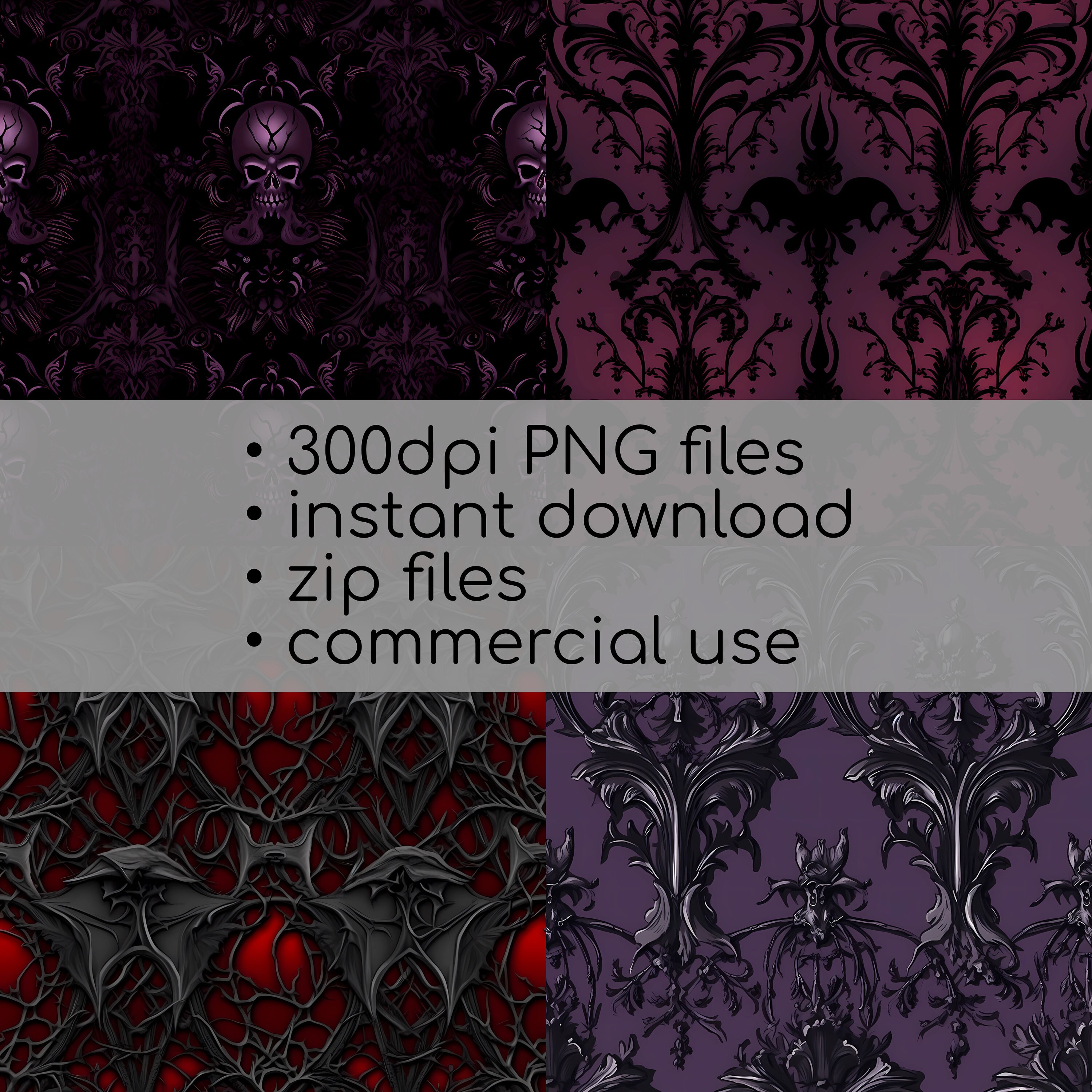 Goth DIGITAL Paper Backgrounds Mix Black Purple Red Floral Skulls Download 20 Seamless Patterns ...