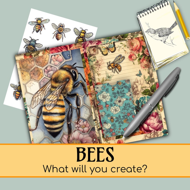 Printable Bees Junk Journal Kit Digital Ephemera Floral - Etsy