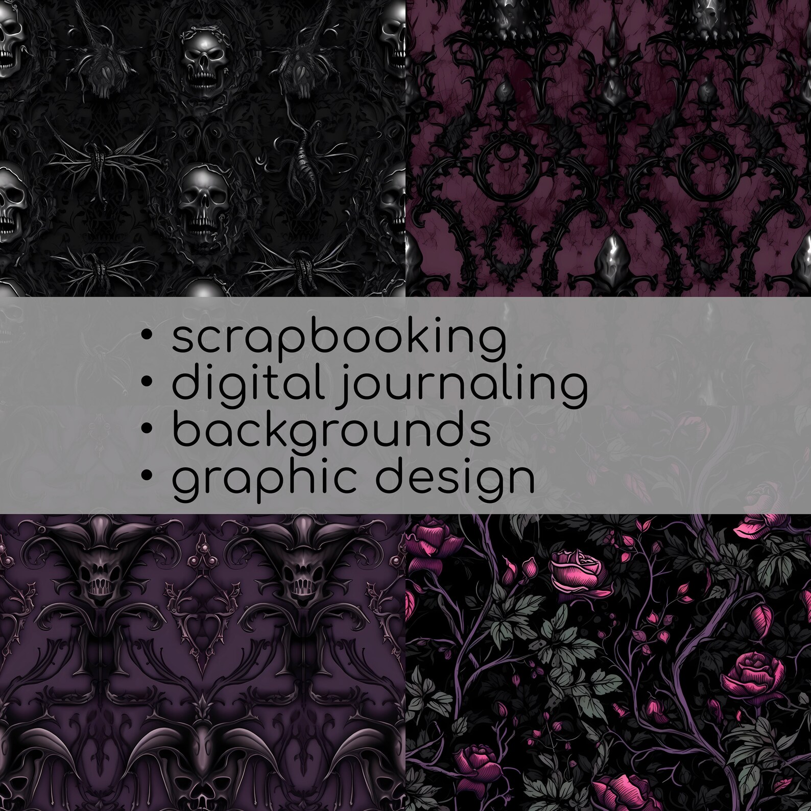 Goth DIGITAL Paper Backgrounds Mix Black Purple Red Floral Skulls ...