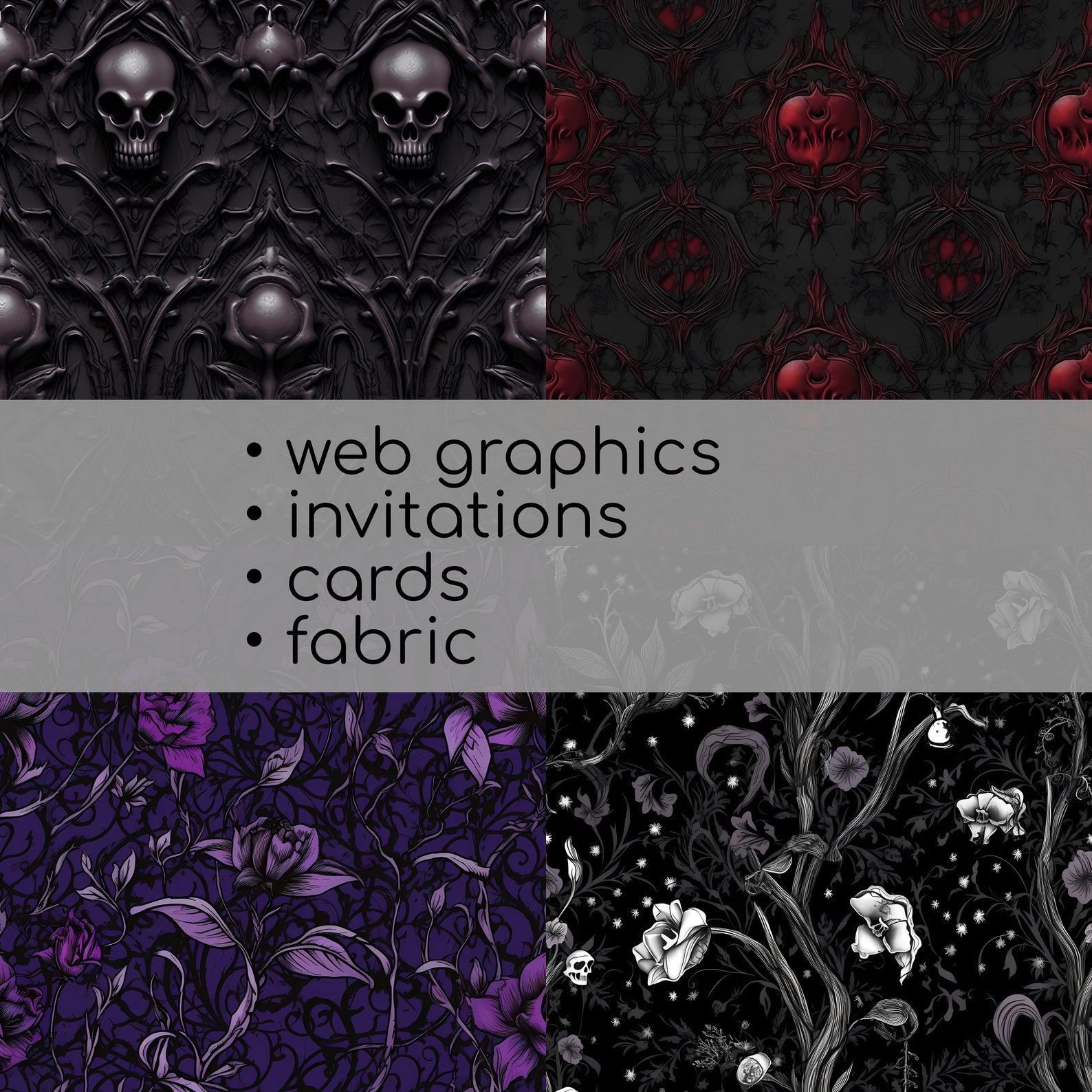 Goth DIGITAL Paper Backgrounds Mix Black Purple Red Floral Skulls Download 20 Seamless Patterns ...