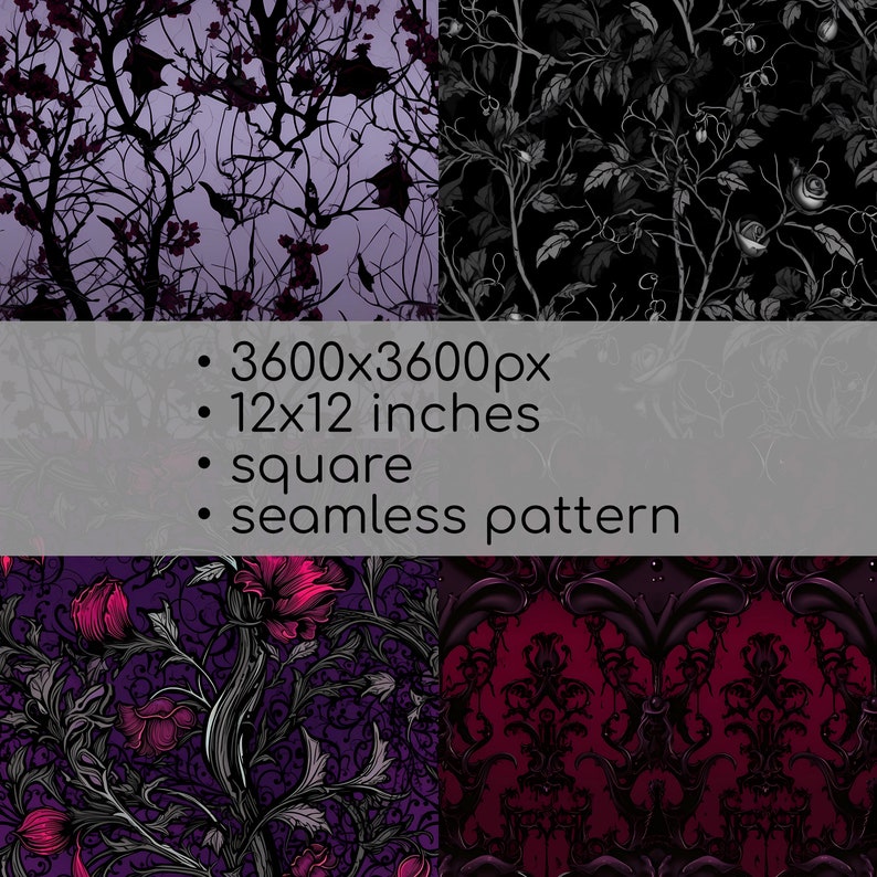 Goth DIGITAL Paper Backgrounds Mix Black Purple Red Floral Skulls ...