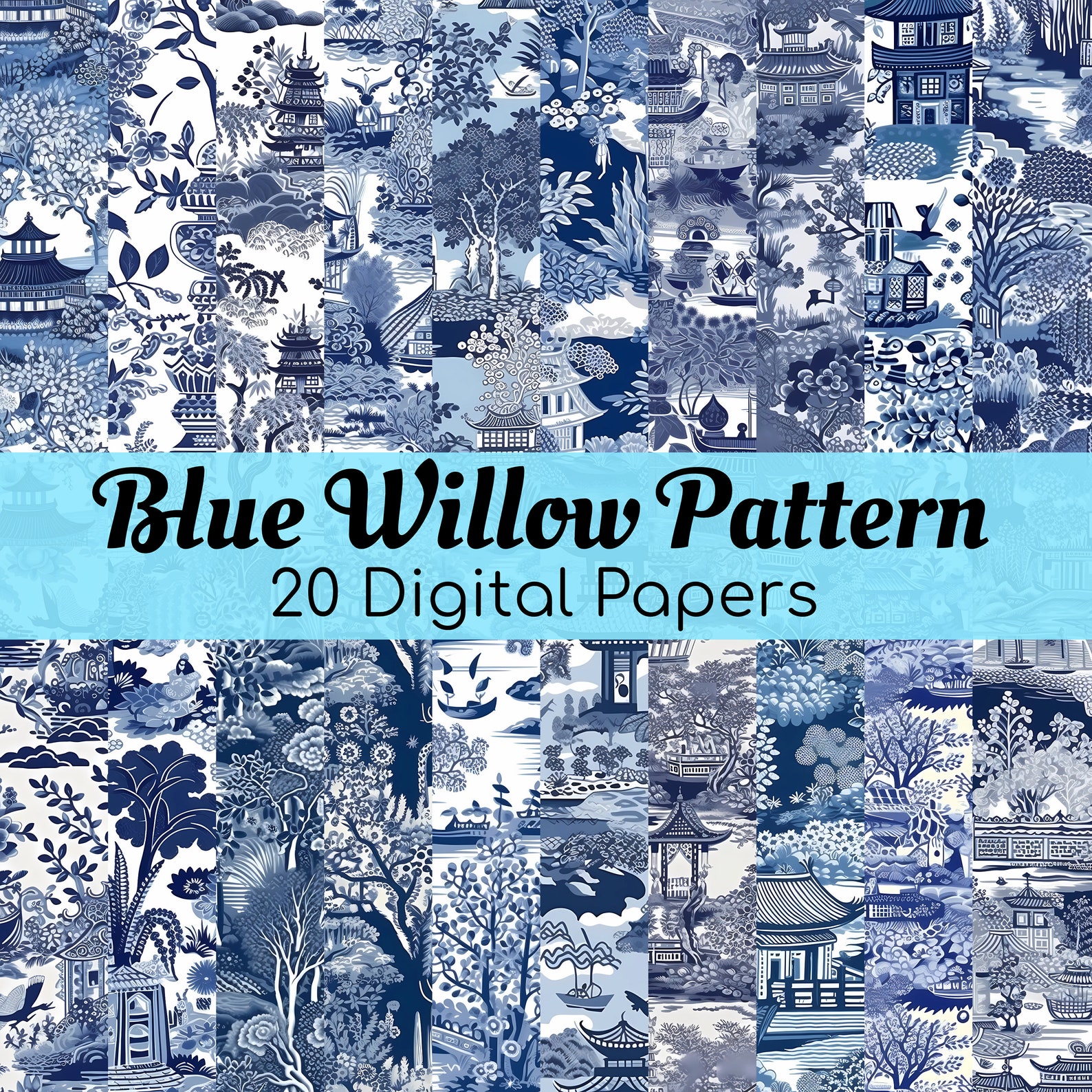 Blue Willow PRINTABLE Floral PNG Background China Digital Paper Download 20 Seamless Patterns ...