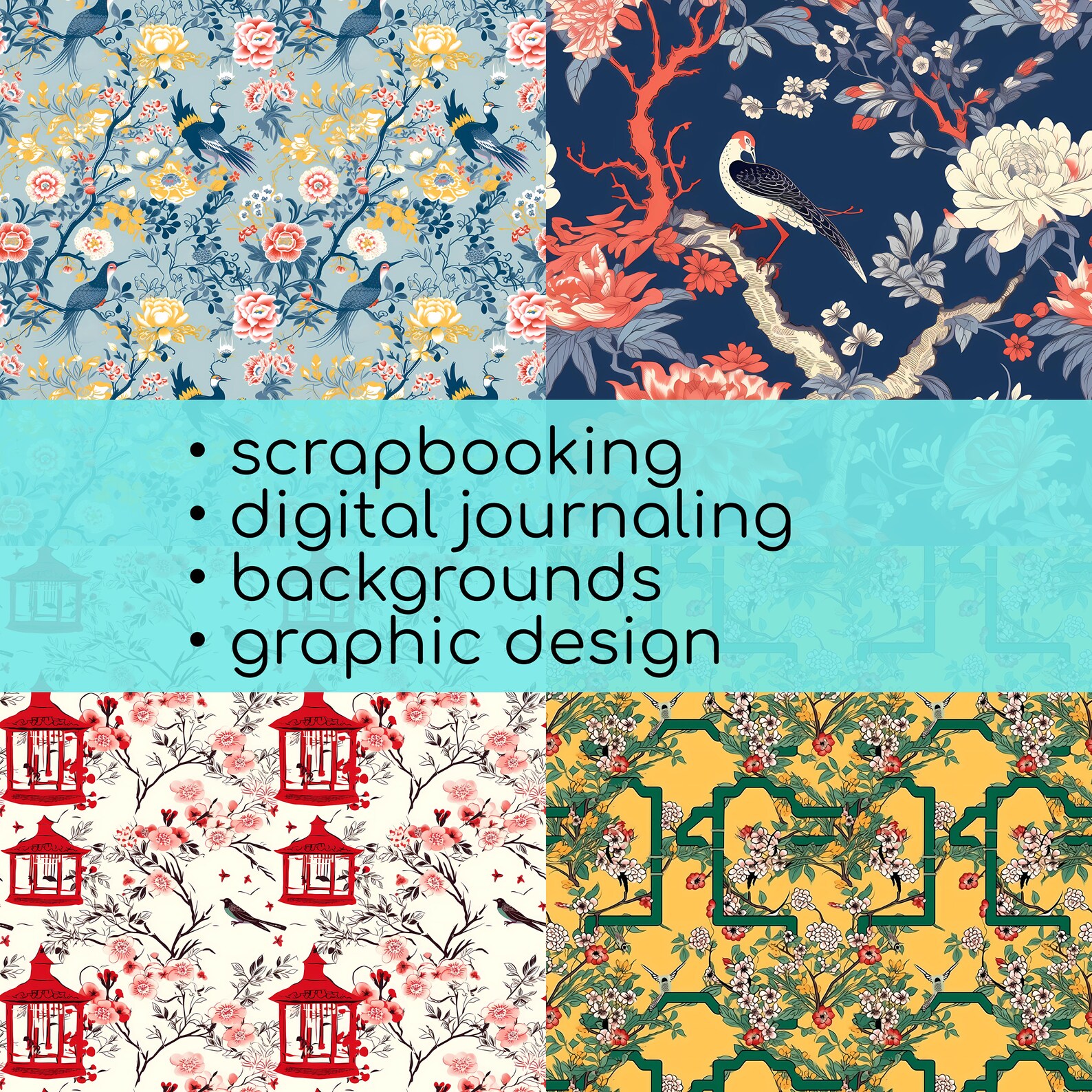 Chinoiserie DIGITAL Paper Bold Floral Asian Influence Art Download 20 ...