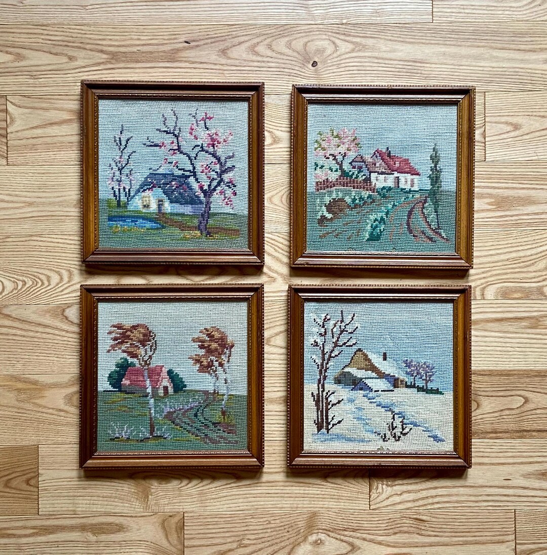 Vintage Set of Four Needlepoint Country Cottages in the Four Seasons ...