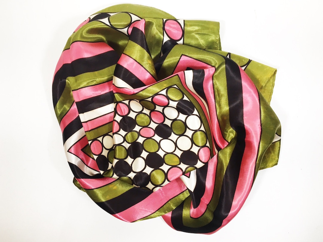 Vintage Square Mod Pink Black Olive Scarf Mod Scarf With Circle and ...