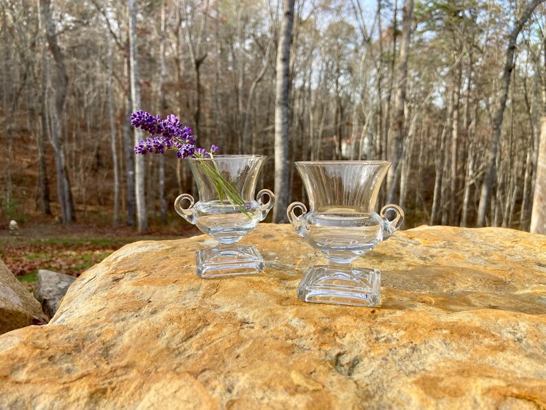 Vintage PAIR of Small Clear Glass Urns Duncan Miller TWO Collectible ...