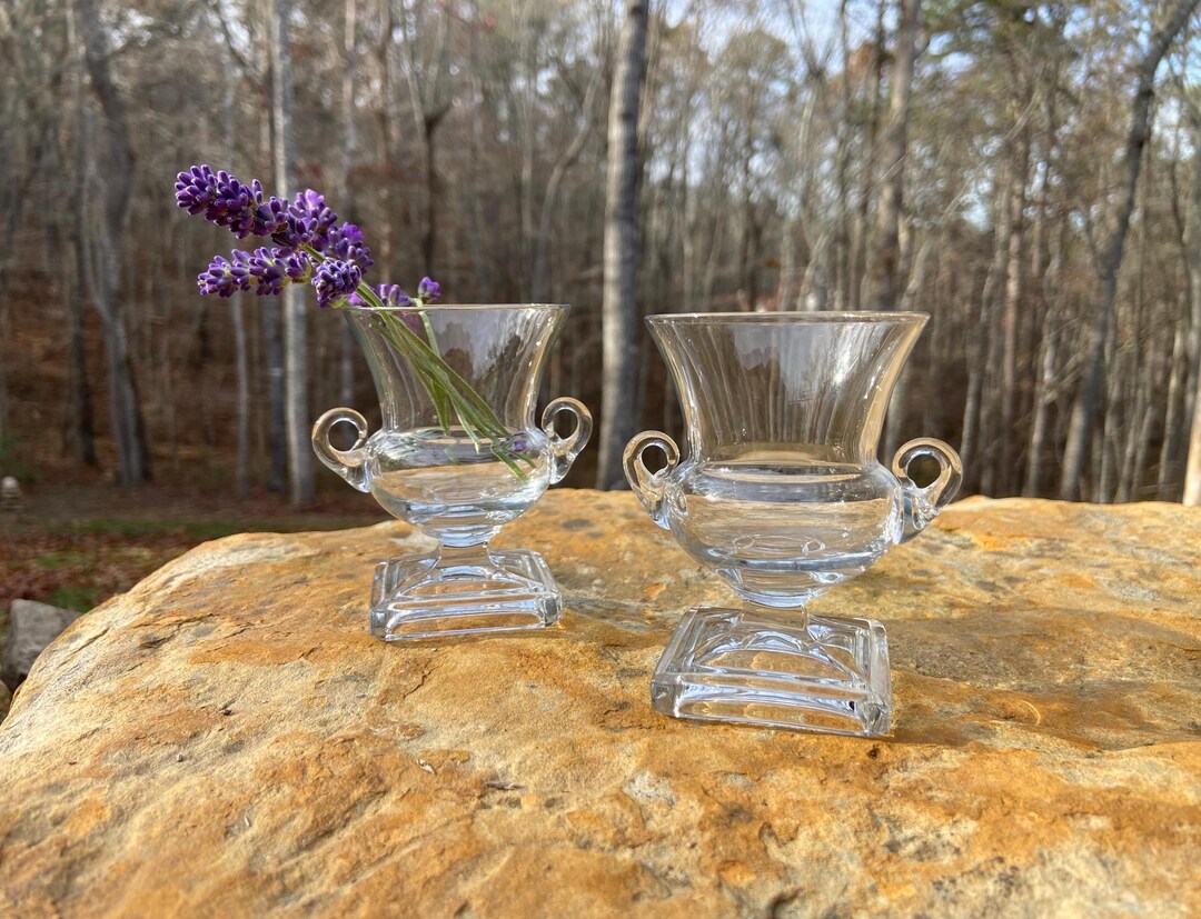Vintage PAIR of Small Clear Glass Urns Duncan Miller TWO Collectible ...