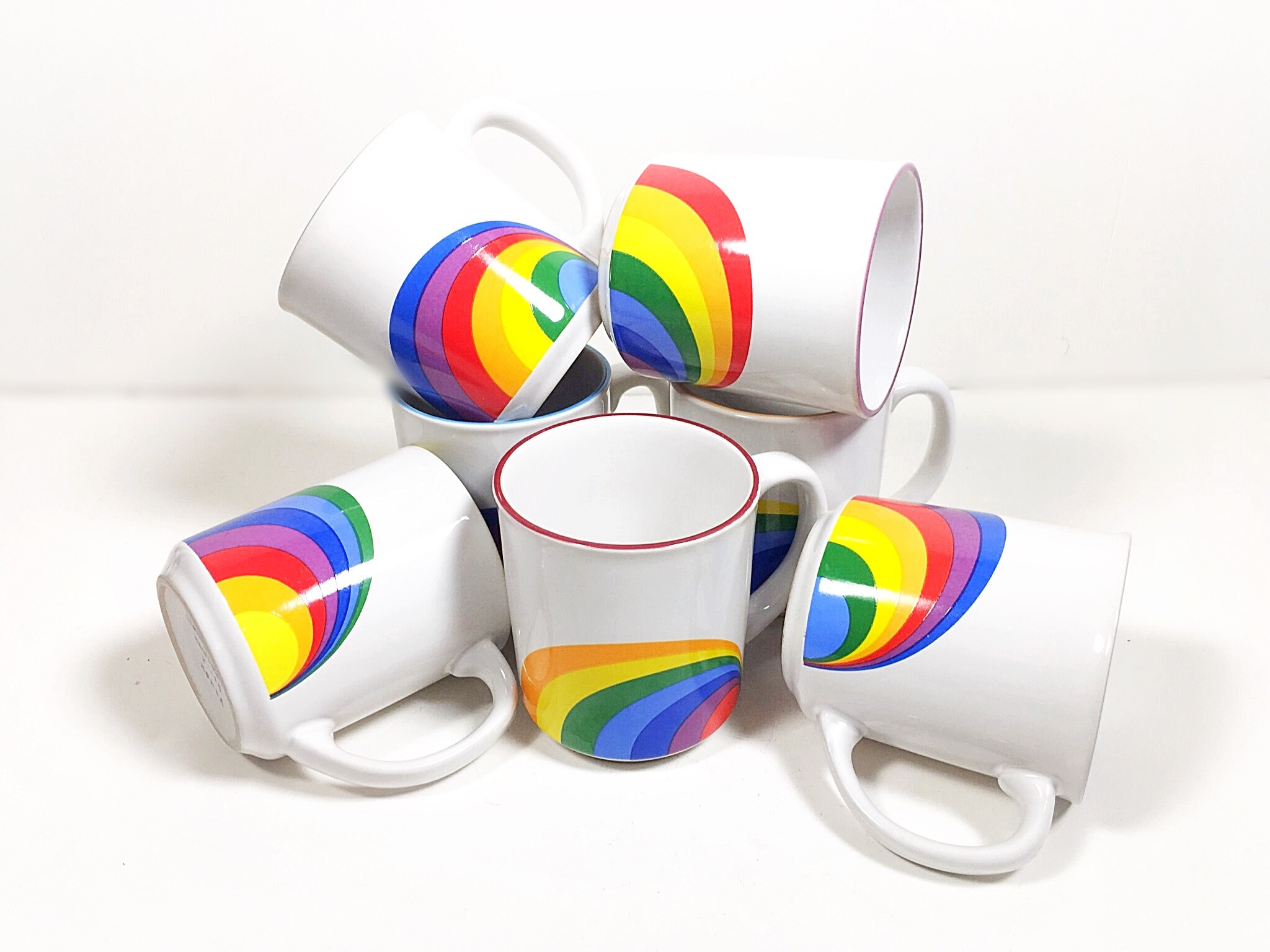 Vintage Set of Seven Mugs With Rainbow Design Rainbow Coffee Tea Mugs ...